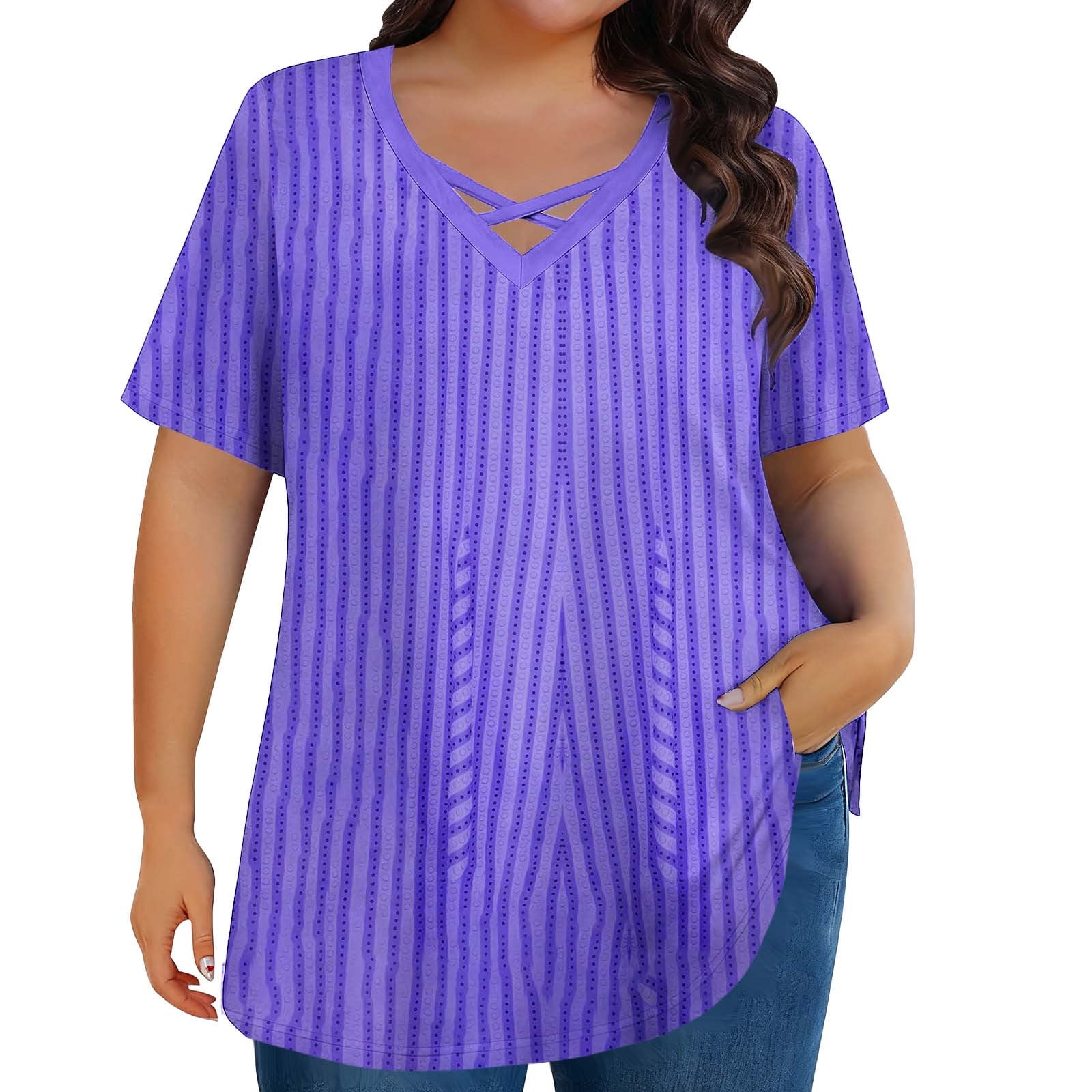 FRSASU Womens Plus Size Short Sleeve Tops Summer Casual Criss Cross V ...