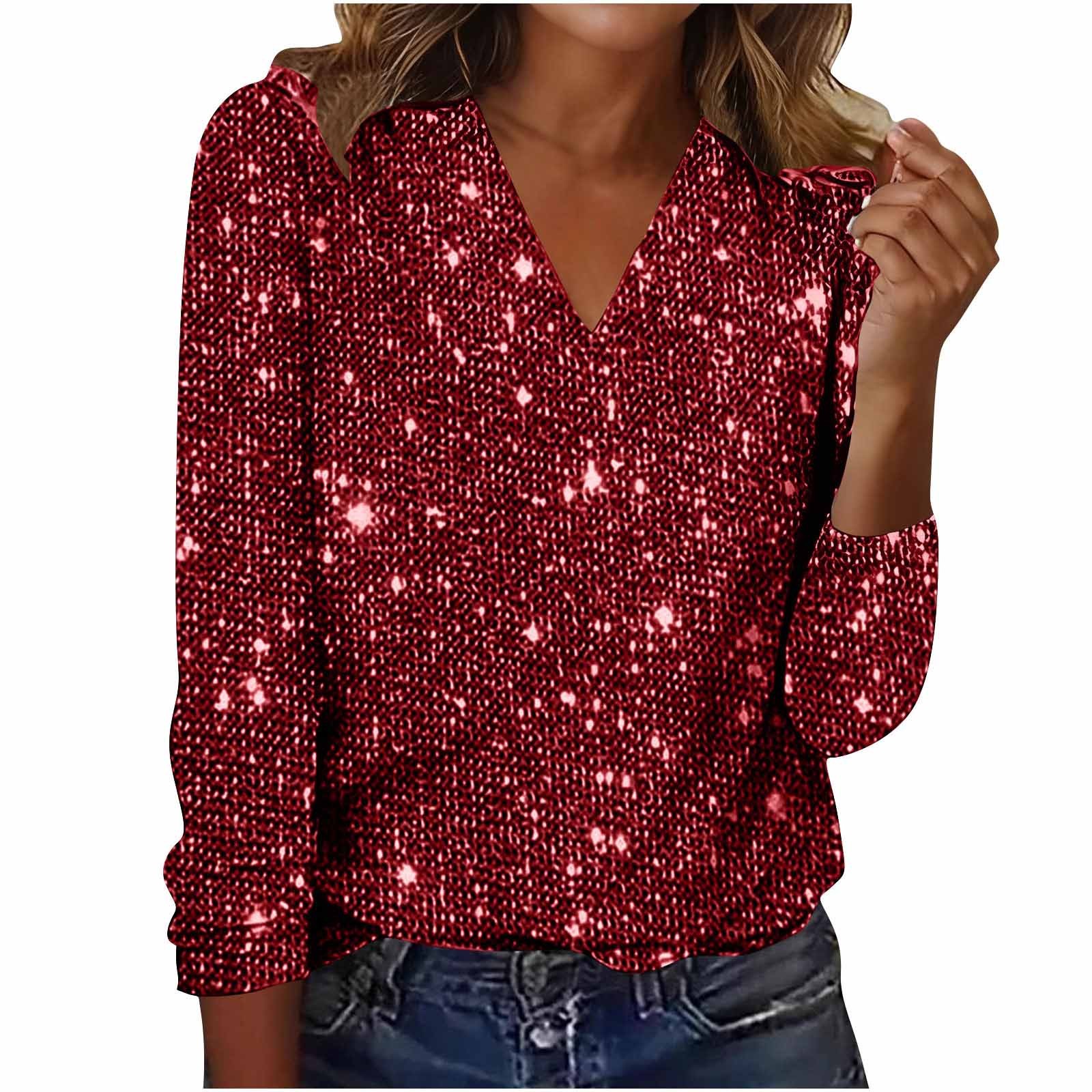 FRSASU Womens Sequin Shirts Shinny V Neck Print Shirt Fashion Sparkly ...