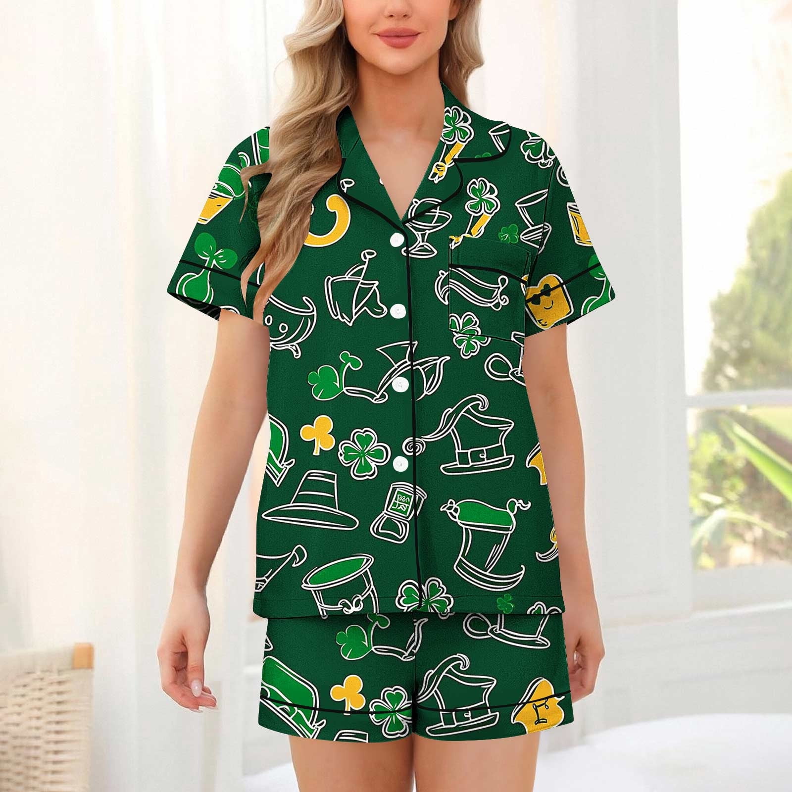 FRSASU Womens St. Patricks Day Pajamas Set Luck Clover Short Sleeve ...