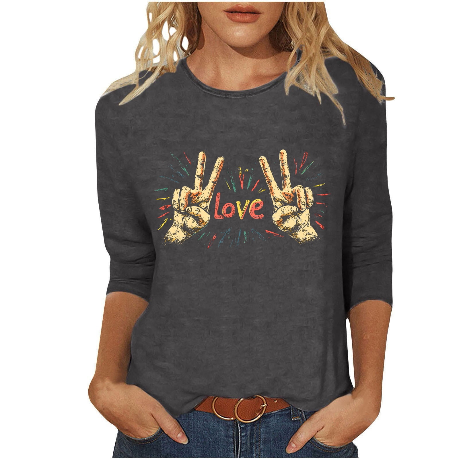 FRSASU Womens Tops 3/4 Sleeve Shirts Round Neck Loose Casual Tshirts ...