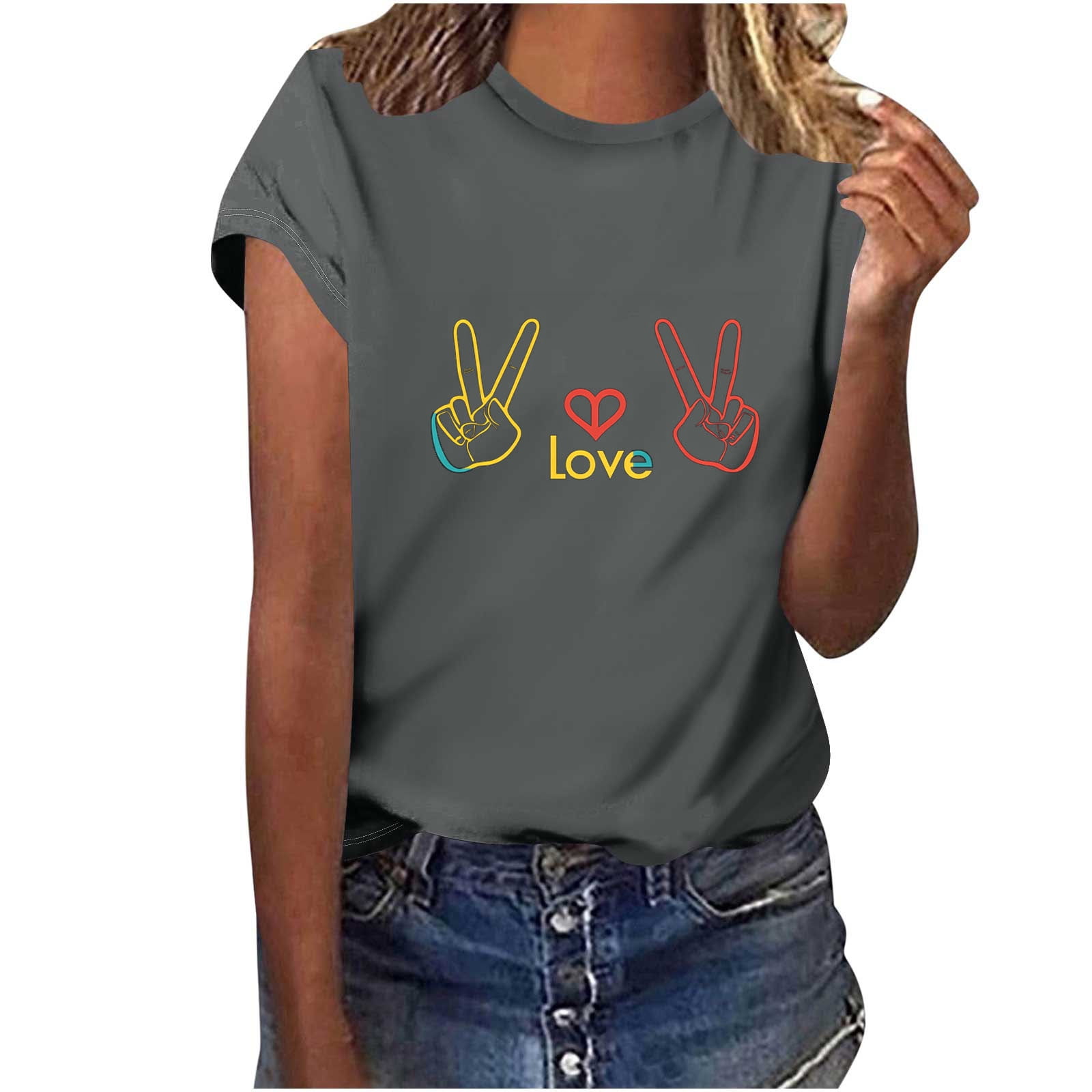 FRSASU Womens Tops Heart Print Shirts Summer Casual Short Sleeve Crew ...