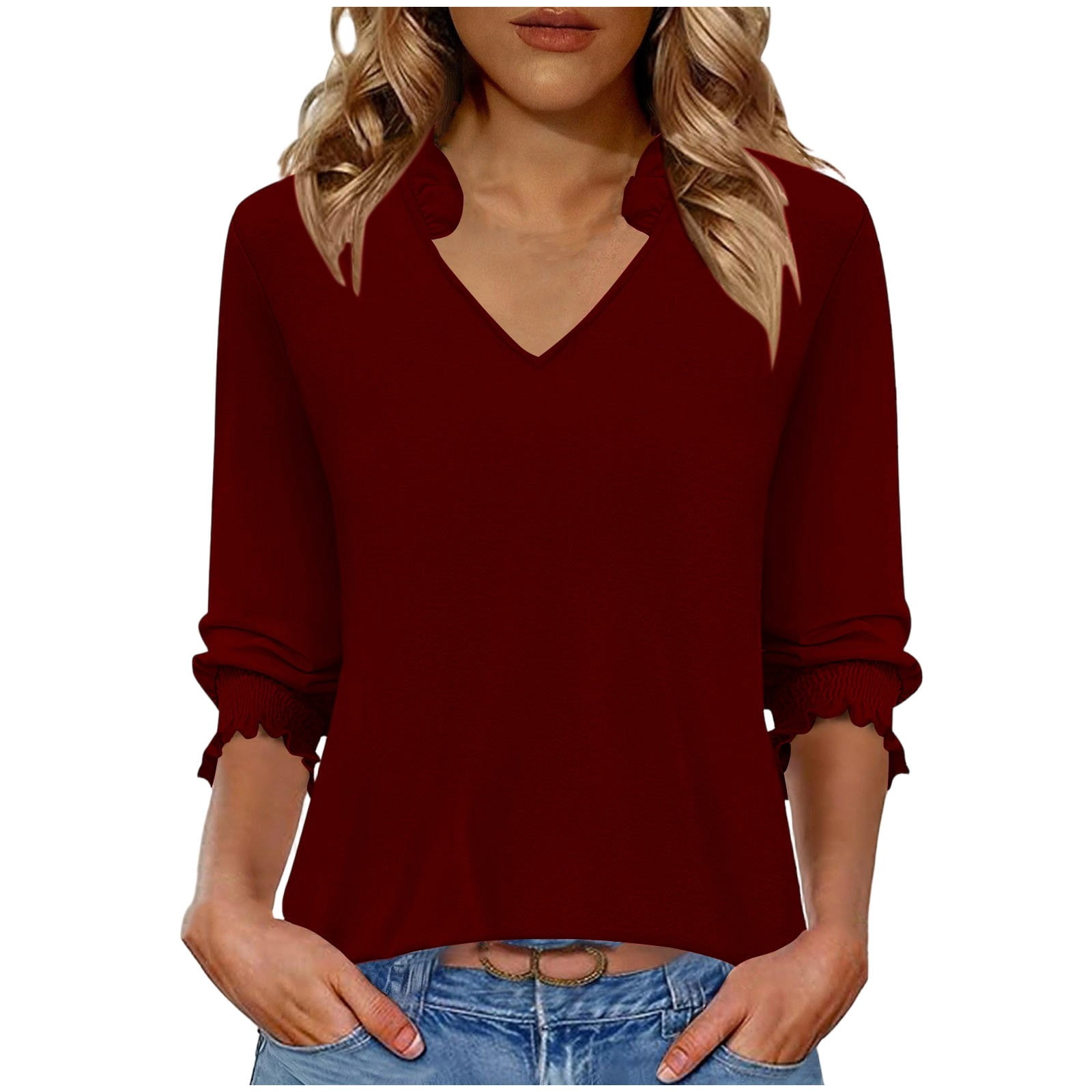 FRSASU Womens V Neck 3/4 Sleeve T-Shirts Solid Color Casual Basic Tops ...