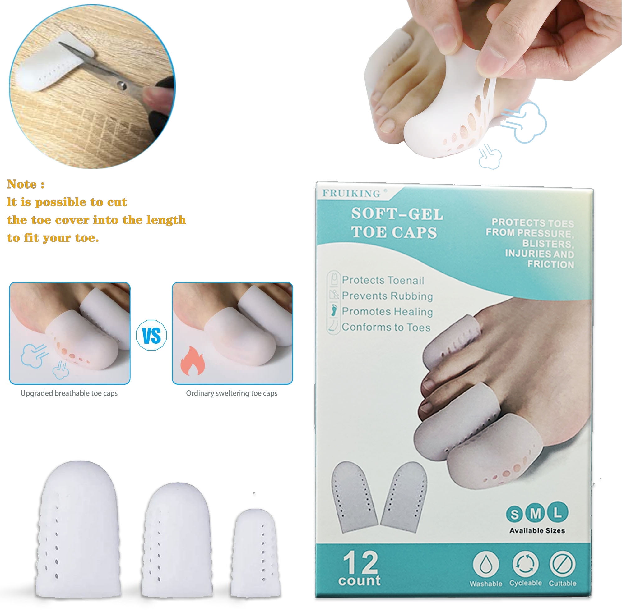 FRUIKING Gel Toe Caps - 12 PCS Breathable Toe Protectors Sleeve Bunion ...