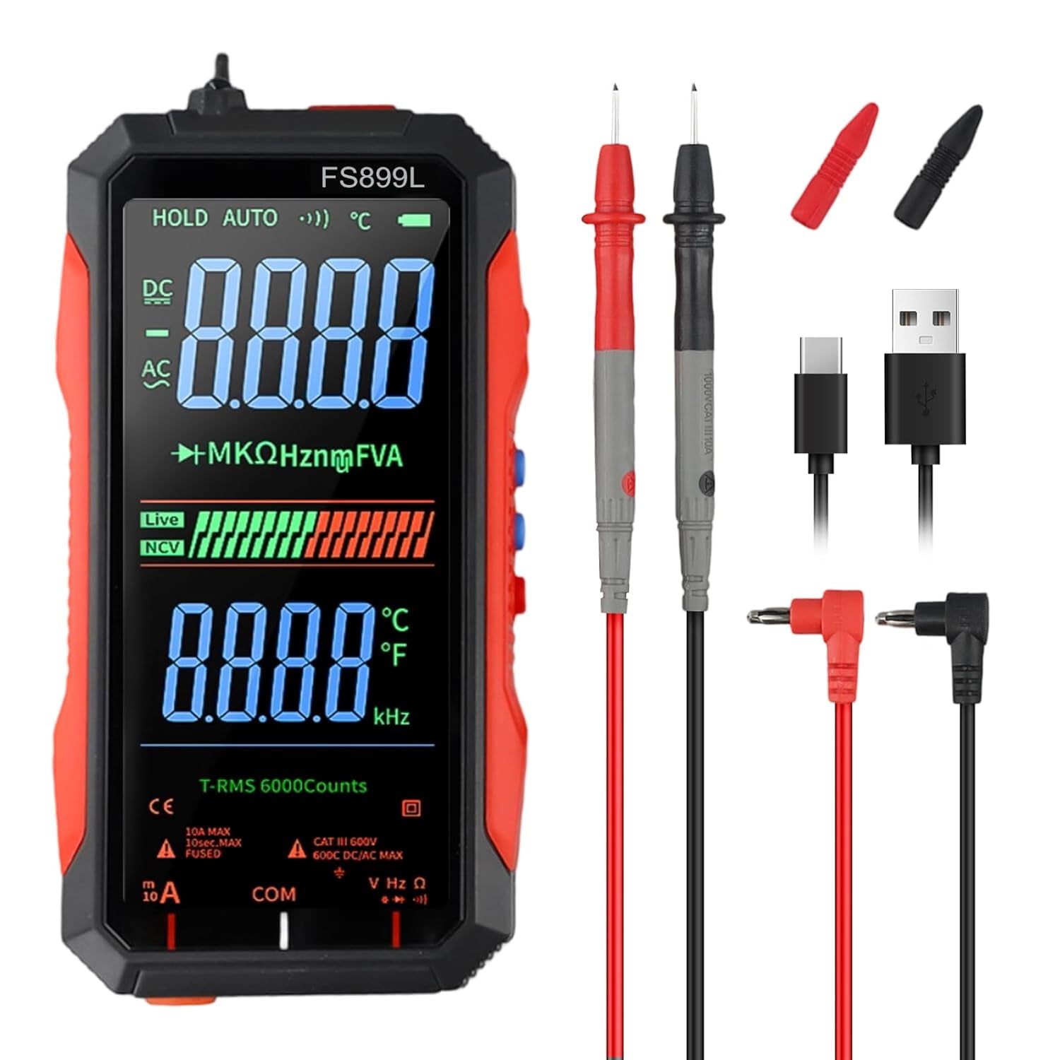 FS899L Digital Multimeter with Color Screen, USB C Rechargeable ...