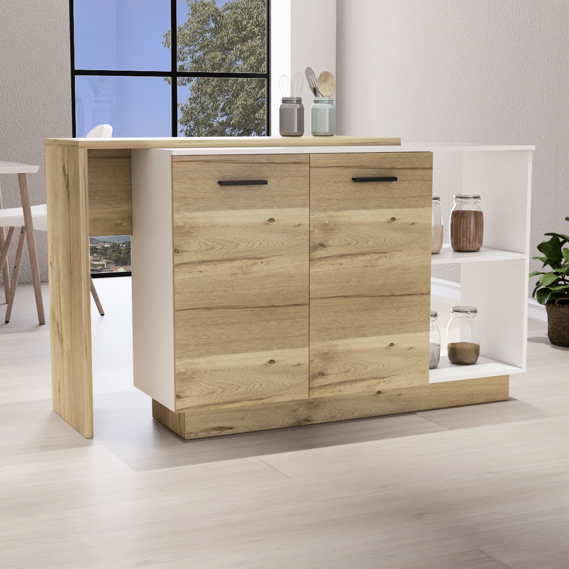 FSC certified white engineered wood kitchen island with double cabinets ...