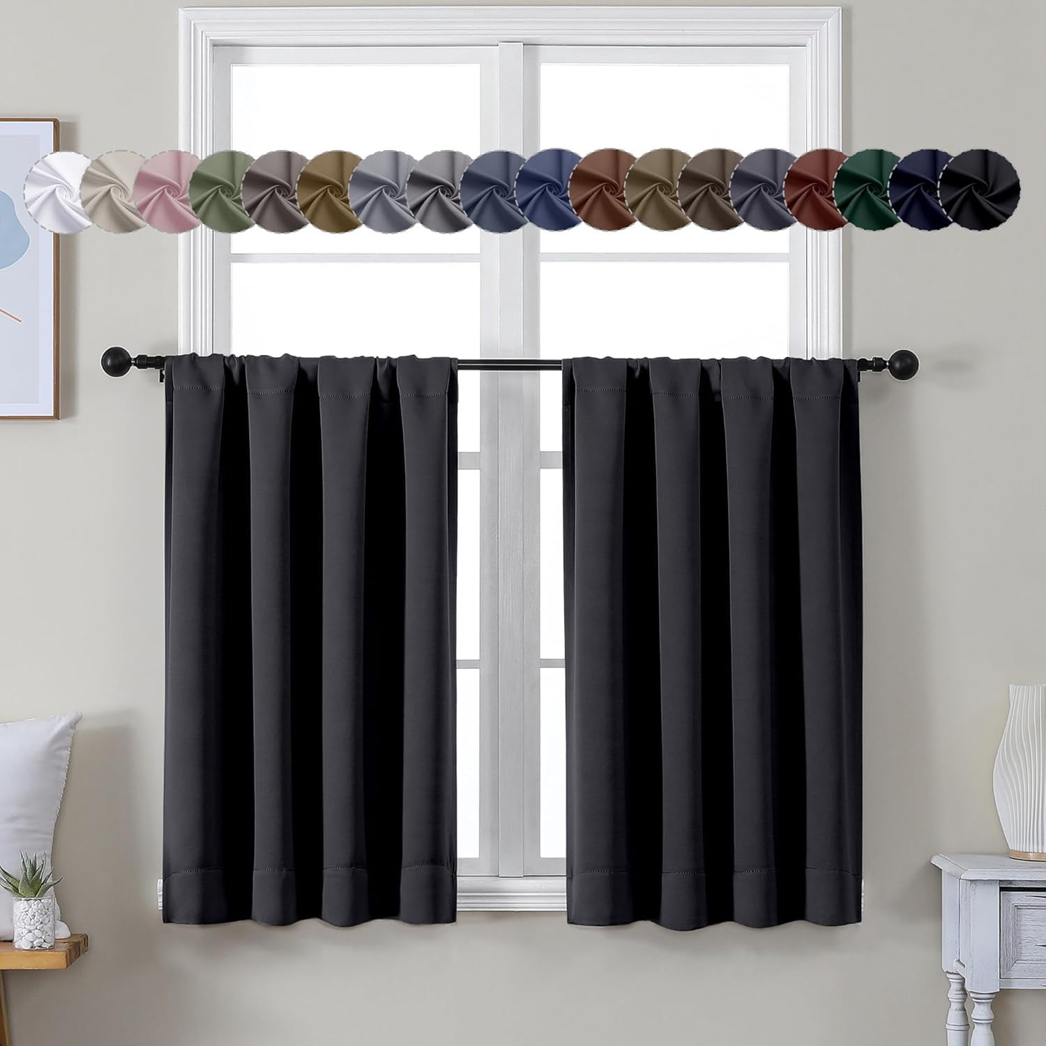 FSCIDA-Ava Halloween Black Short 36 Inches Blackout Curtain 2 Panels Set, Half Window Rod Pocket ...