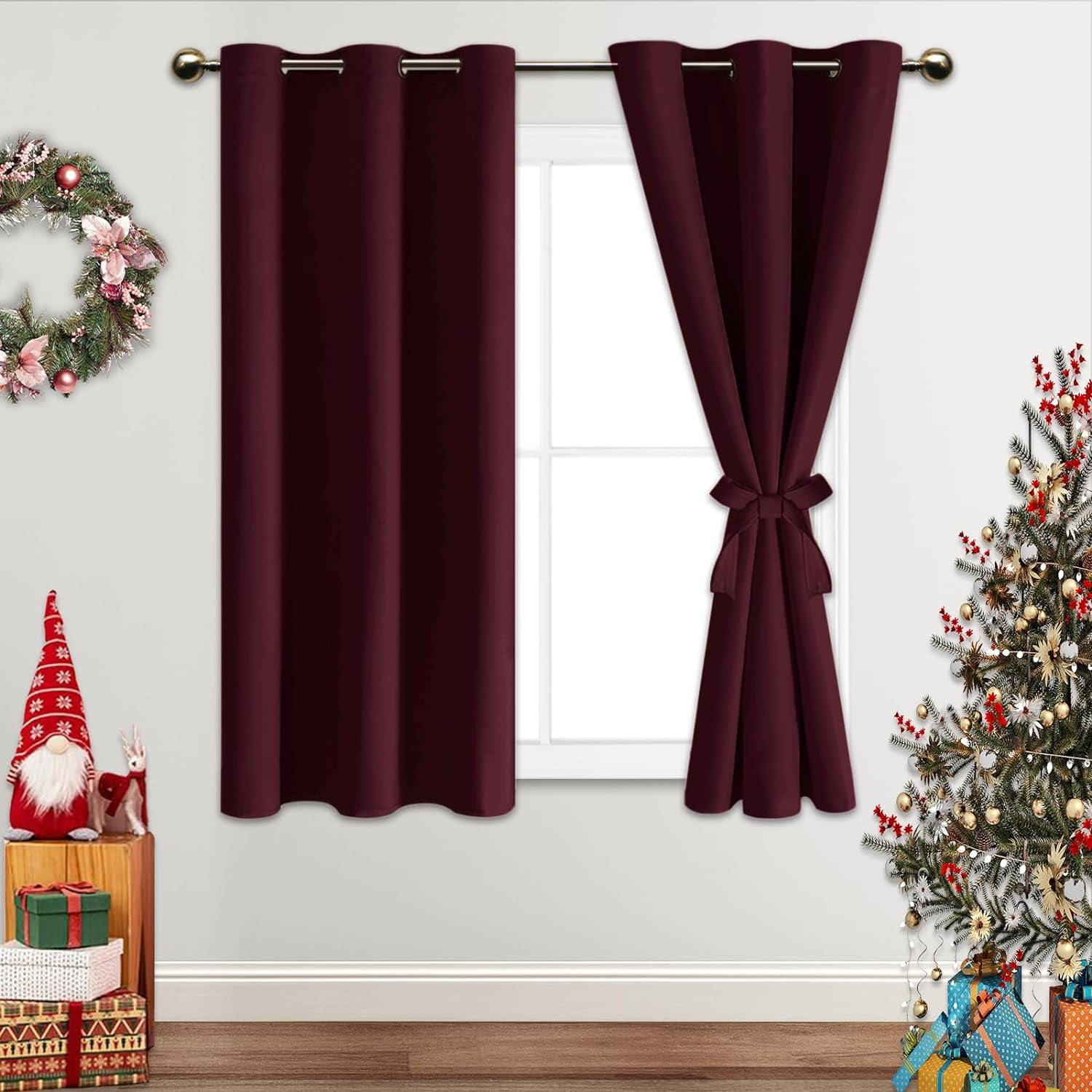 FSCIDA-Burgundy Blackout Curtains with Tiebacks Thermal Insulated ...