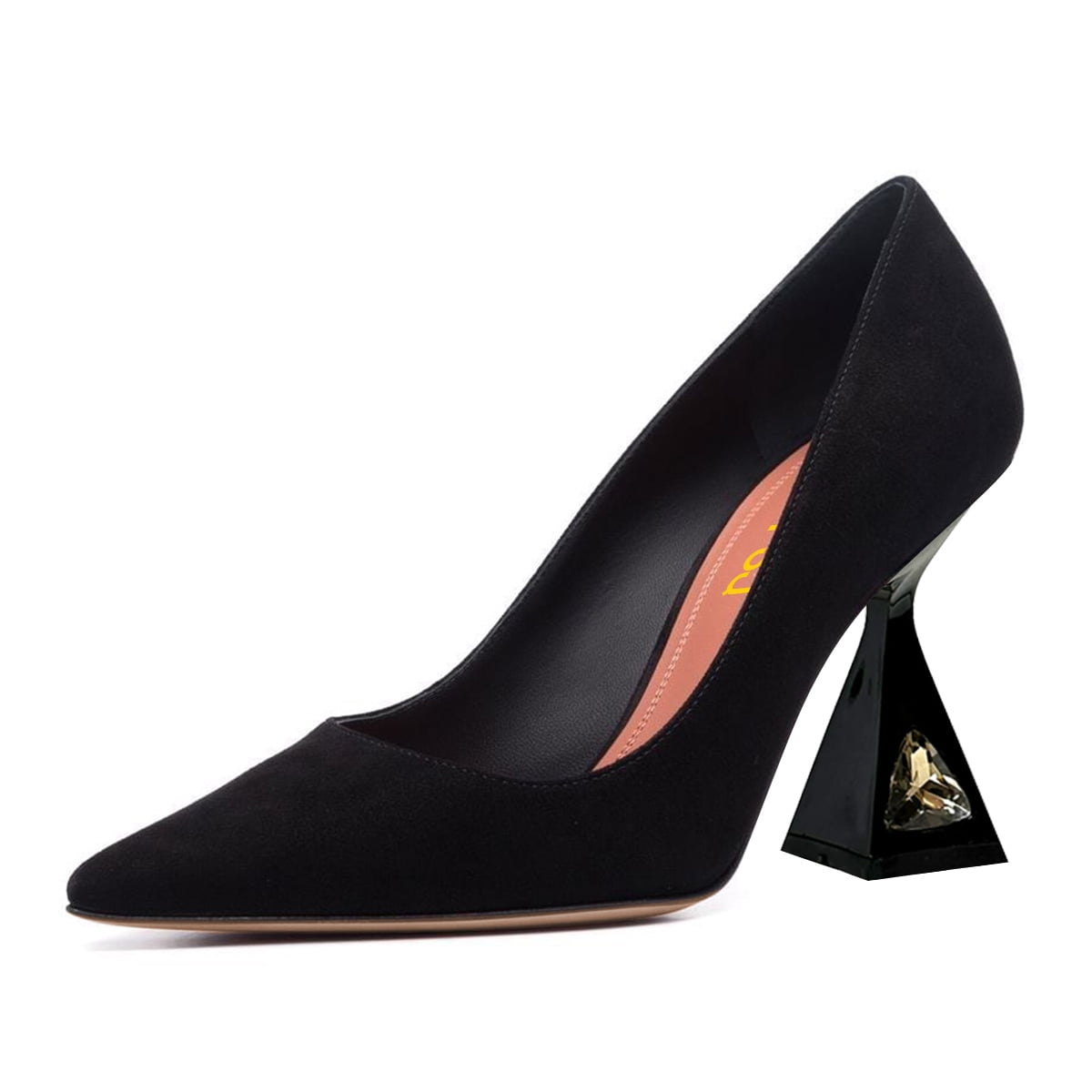 FSJ Women Classic Pointy Toe Crystal Flared High Heel Pumps Closed Toe ...