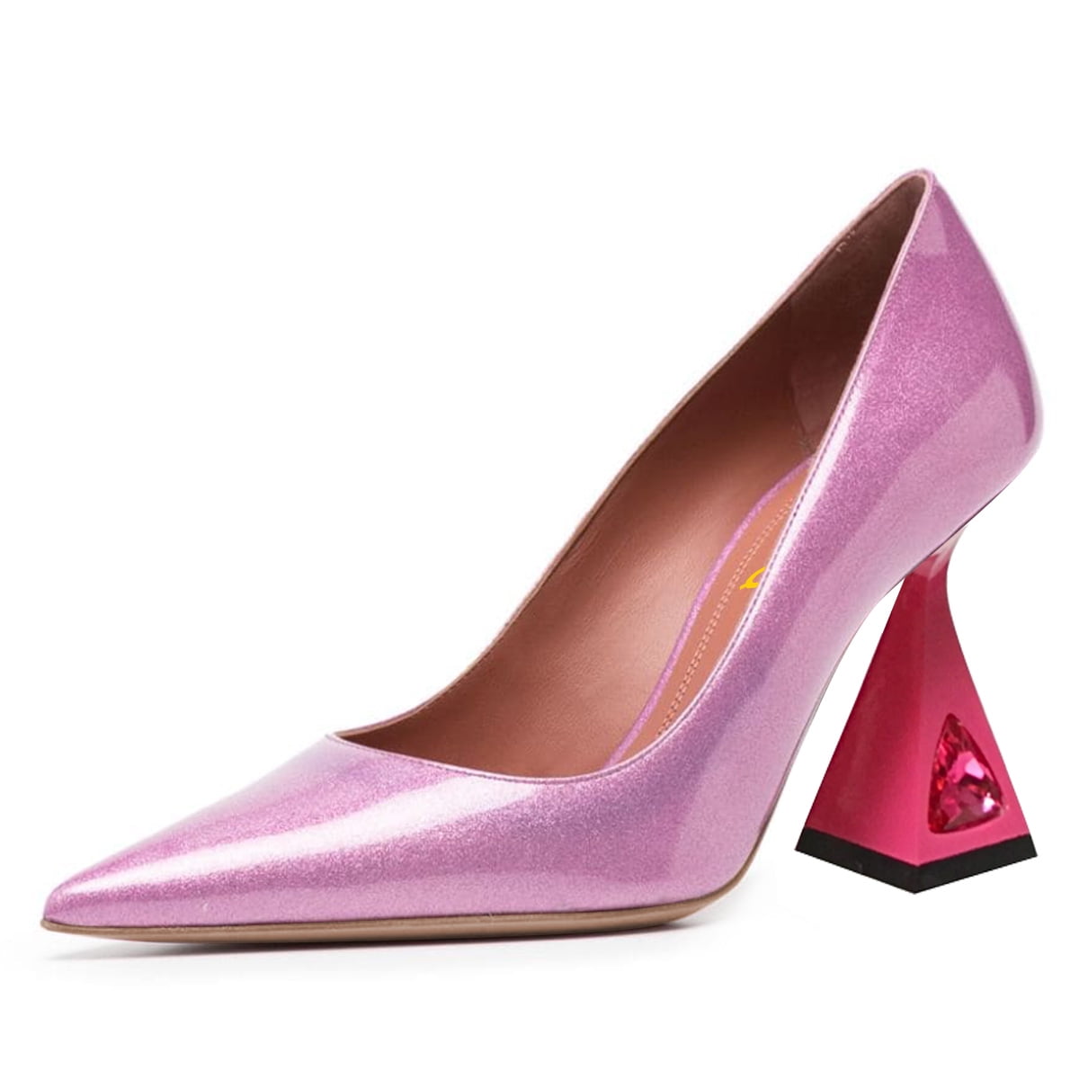 FSJ Women Classic Pointy Toe Crystal Flared High Heel Pumps Closed Toe ...