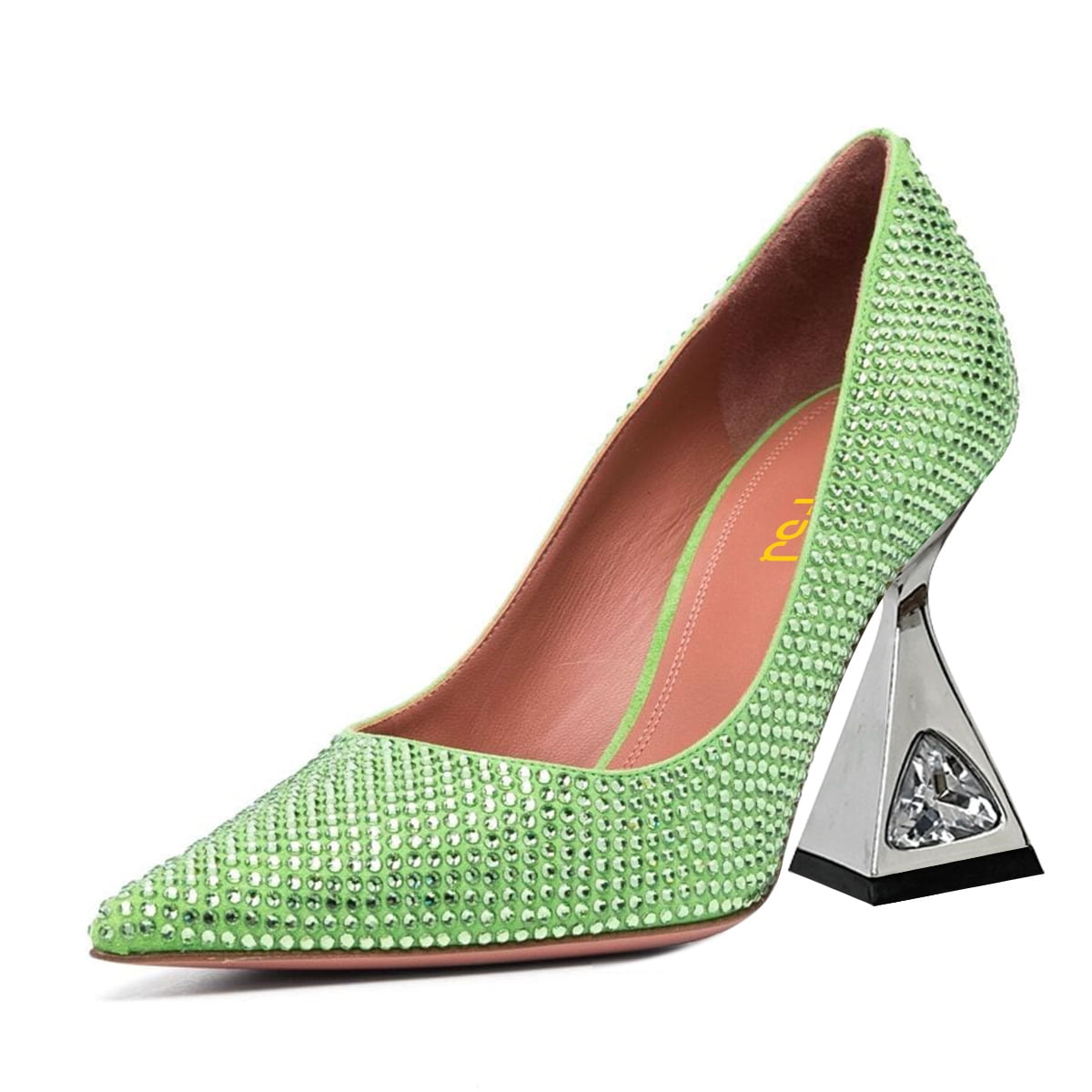 FSJ Women Classic Pointy Toe Crystal Flared High Heel Pumps Closed Toe ...