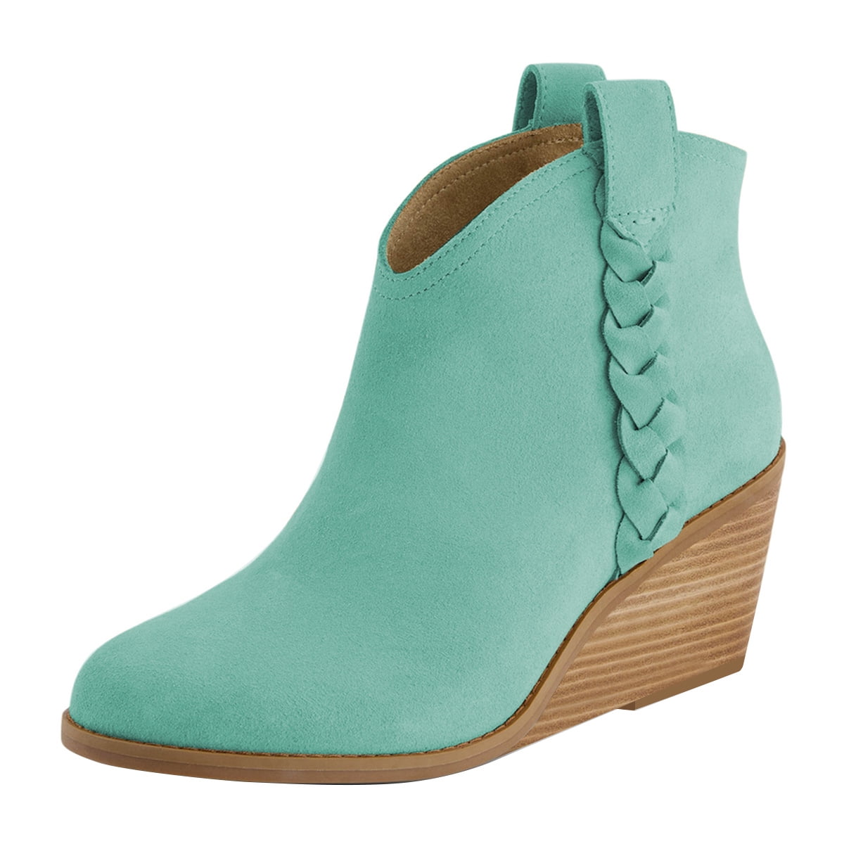 FSJ Women Classic Wedge Mid Heel Ankle Boots Braided Side Round Toe ...