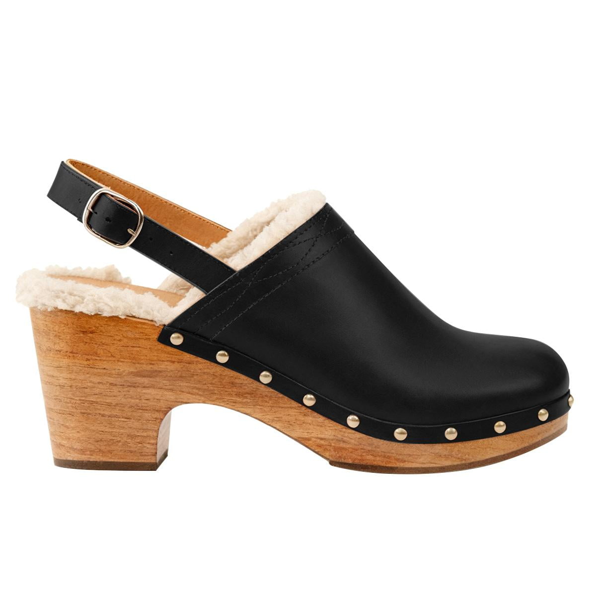 FSJ Women Closed Round Toe Clogs Fur Lining Rivets Wooden Chunky Mid ...