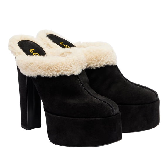 FSJ Women Comfort Platform Mules with Shearling Trim Suede Closed Round ...