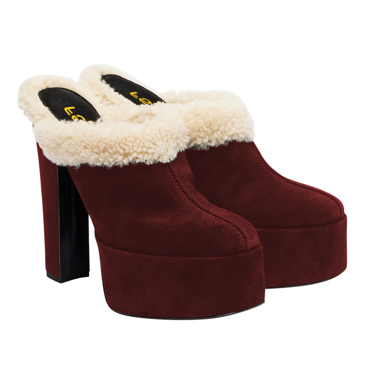 FSJ Women Comfort Platform Mules with Shearling Trim Suede Closed Round ...