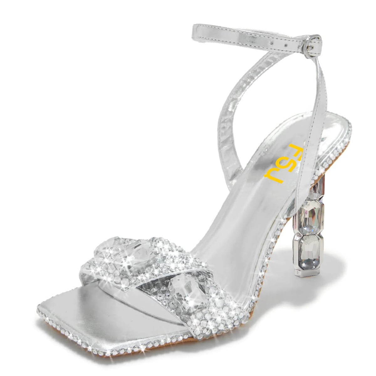 FSJ Women Diamond Heel Sandals Square Open Toe Ankle Strap Jewel High ...