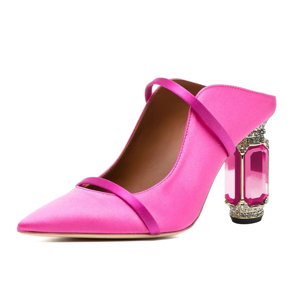 FSJ Women Elegant Pointed Closed Toe Mules Chic Crystal Chunky High ...