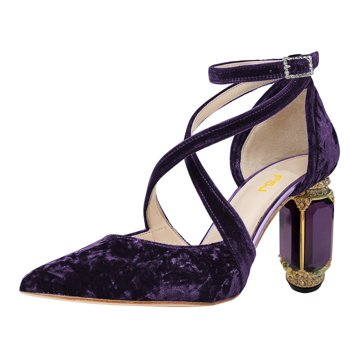 FSJ Women Fashion Cross Strap Pumps Pointed Closed Toe Crystal Chunky ...