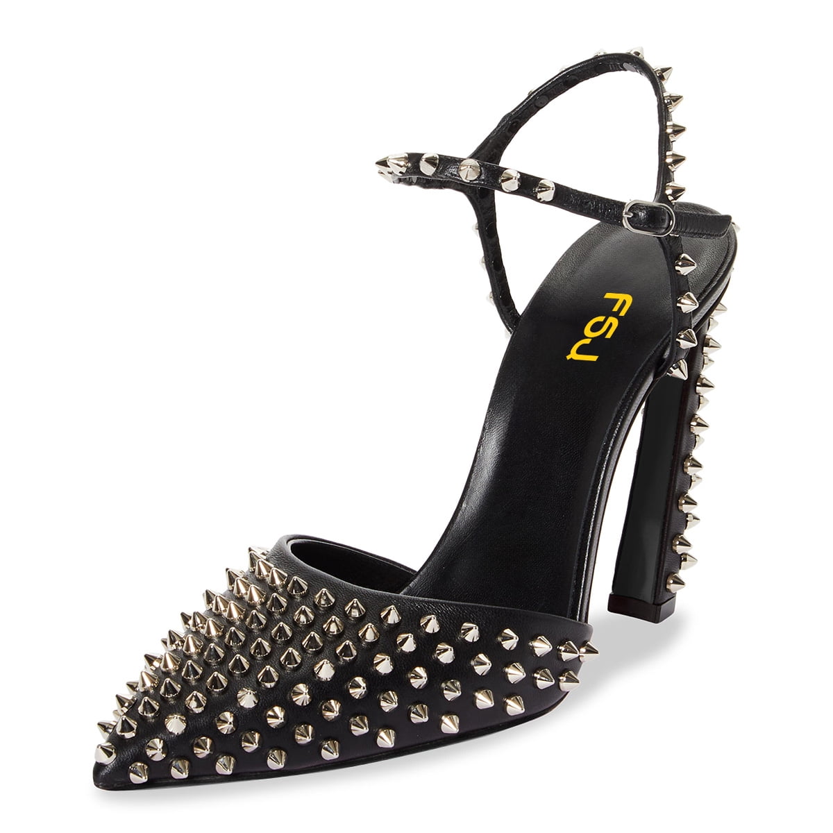 FSJ Women Fashion Rivets Studded Pointed Closed Toe Pumps Ankle Strap ...