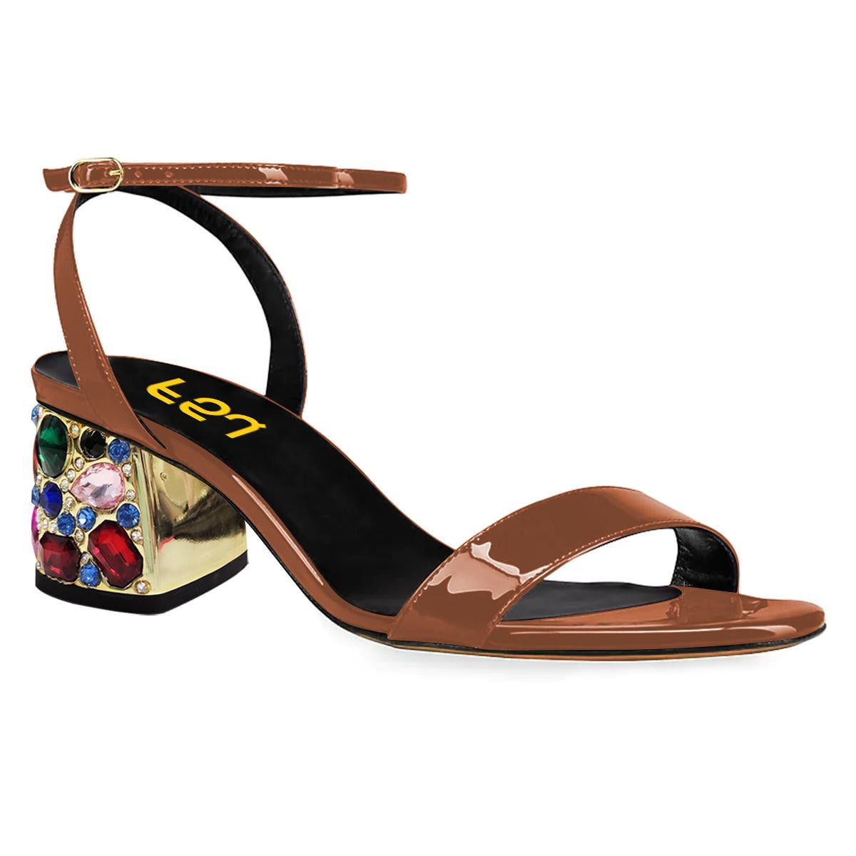 FSJ Women Gem Studded Open Toe Strappy Sandals Glossy Ankle Strap Low ...