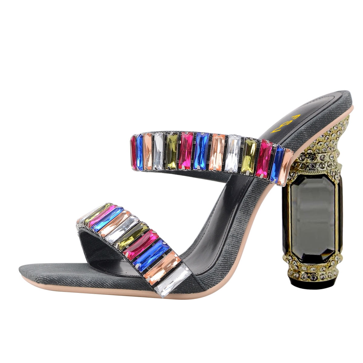 FSJ Women Graceful Rhinestone Double Strap Slide Sandals Slip On Square ...