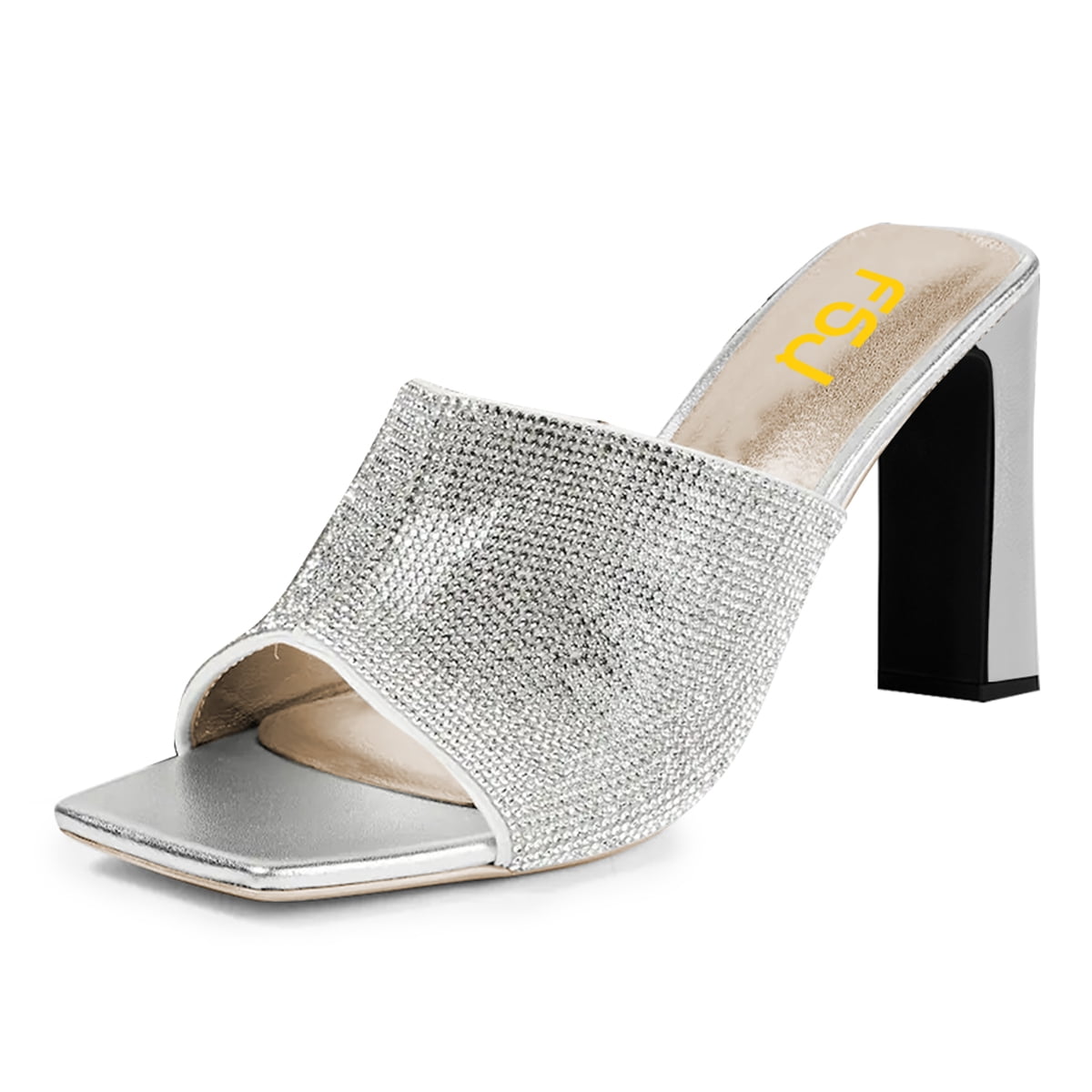 FSJ Women Open Square Toe Glitter Mule Heels Slip on High Chunky Heeled ...
