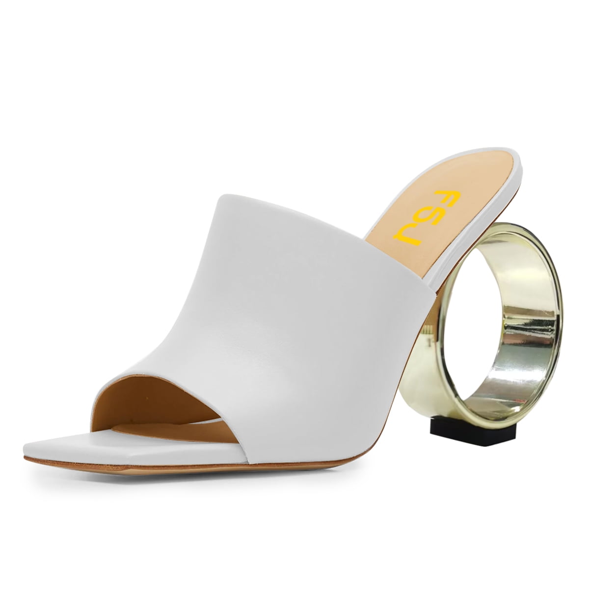 FSJ Women Open Square Toe Wide Strap Mules Slip on Circle High Heels ...