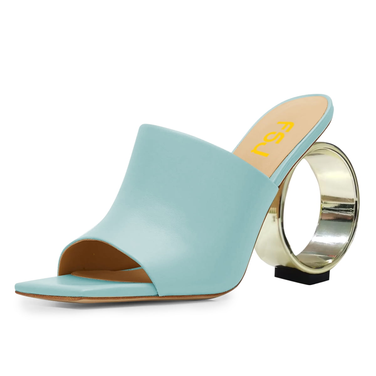 FSJ Women Open Square Toe Wide Strap Mules Slip on Circle High Heels ...