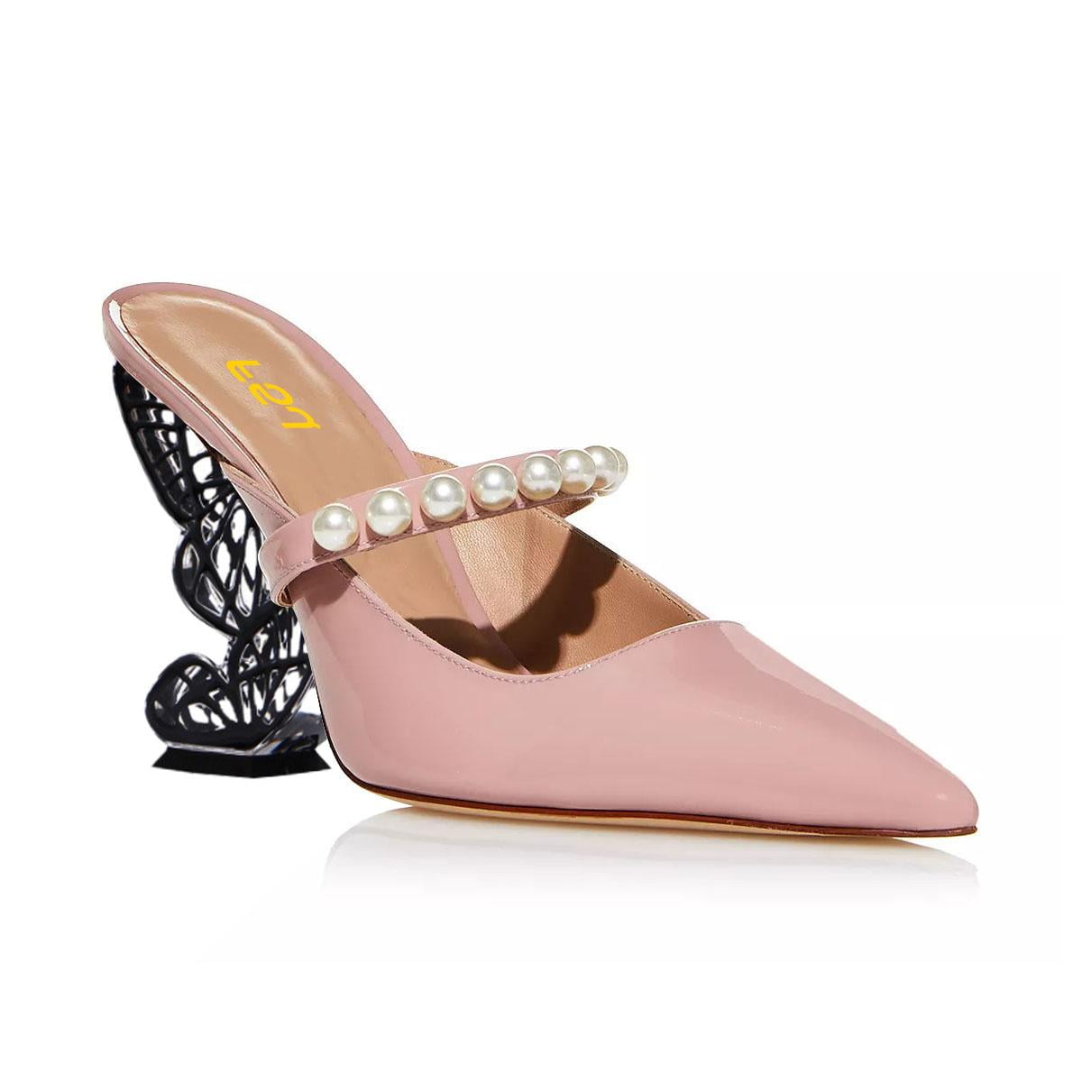 FSJ Women Pearls Strap Pointed Toe Mules Slip on Butterfly High Chunky ...