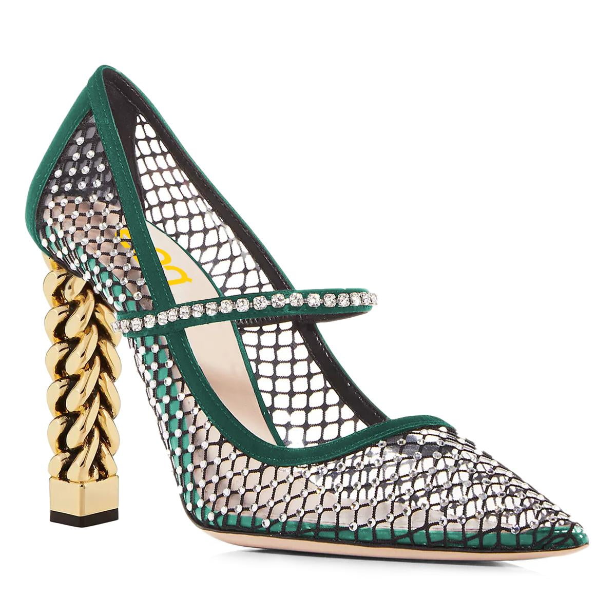 FSJ Women Pointed Toe Rhinestone Mesh Pumps Single Band Chain Chunky ...