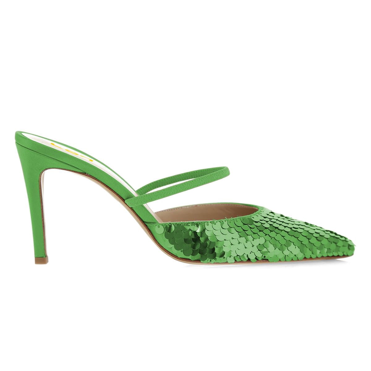 FSJ Women Pointed Toe Single Strap Mules with Sequins Slip on Mid Thin ...