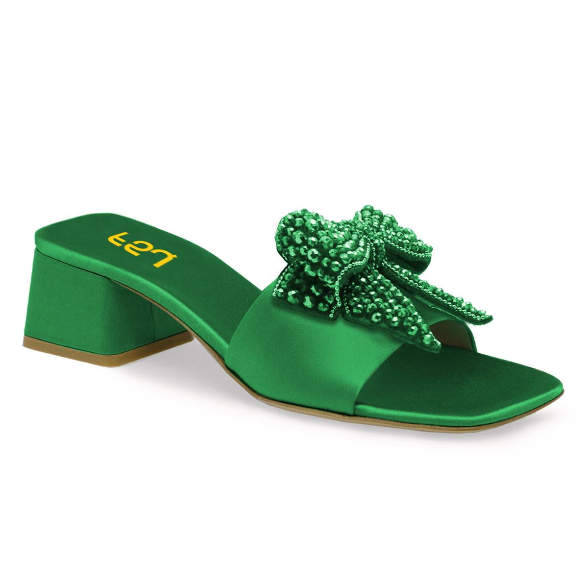 FSJ Women Rhinestone Bowknot Wide Strap Mules Open Square Toe Low ...