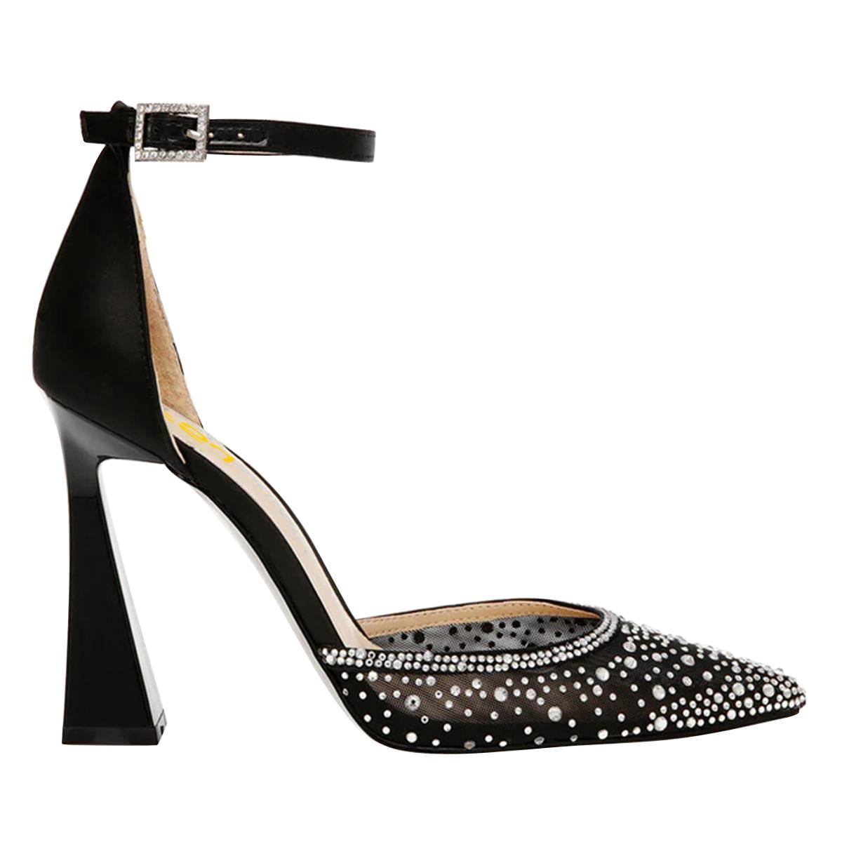 FSJ Women Rhinestone Studded Mesh D'orsay Pumps Chunky High Heel Ankle ...