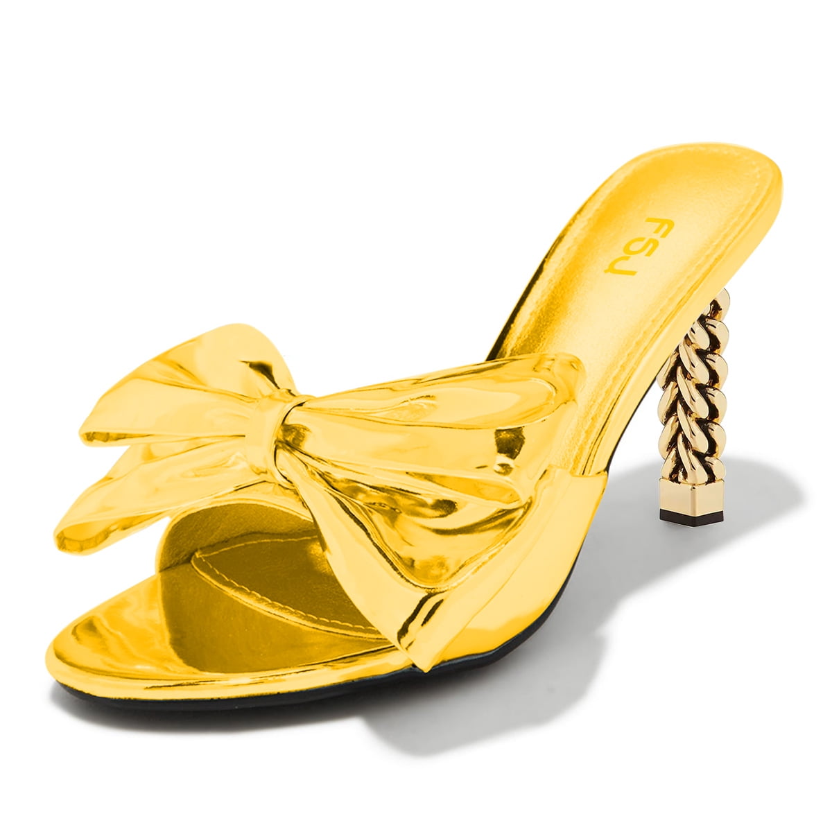 FSJ Women Slip On Round Open Toe Sandals Metal Chain Block Chunky High ...