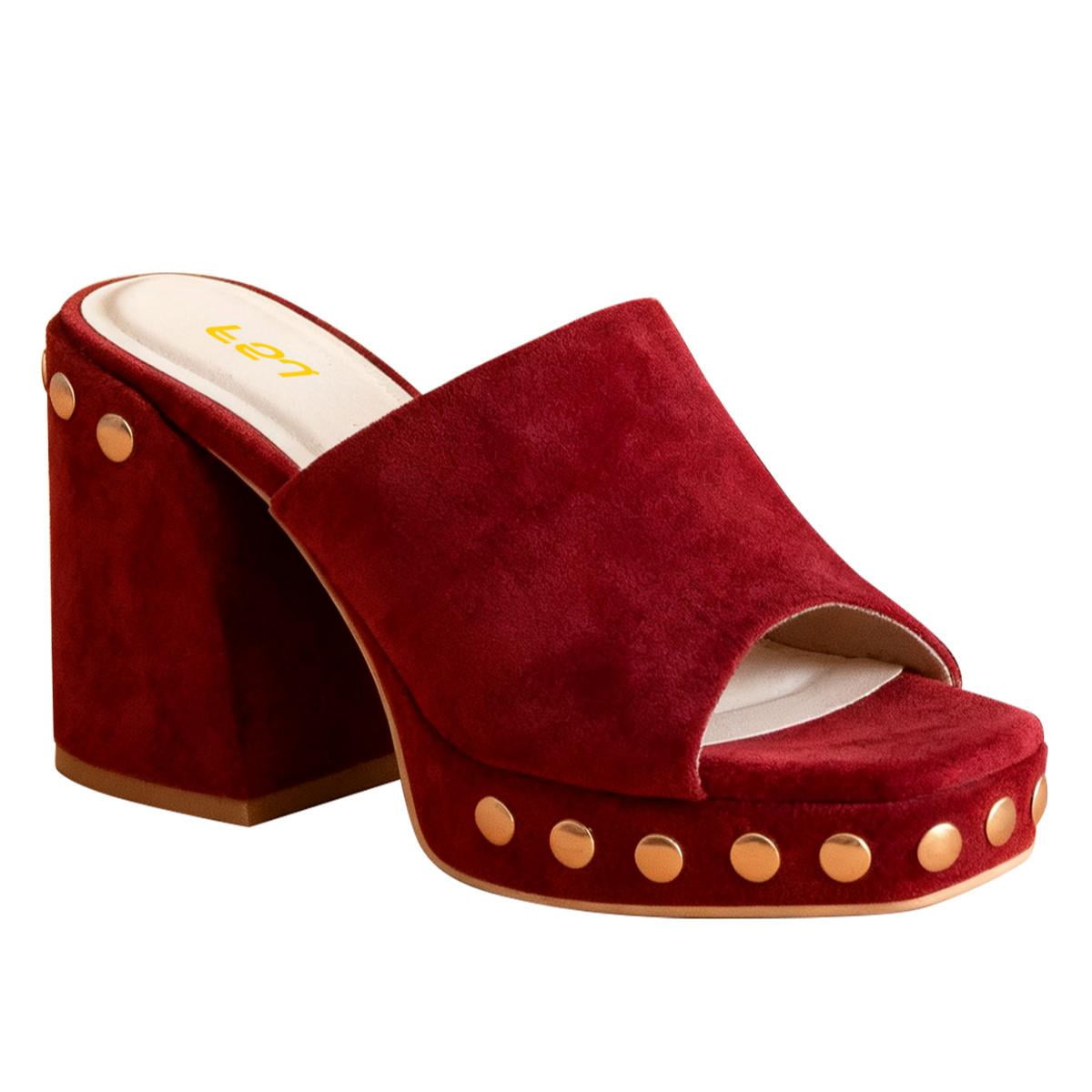 FSJ Women Studded Low Platform Mules Square Open Toe Chunky Heel Slip ...