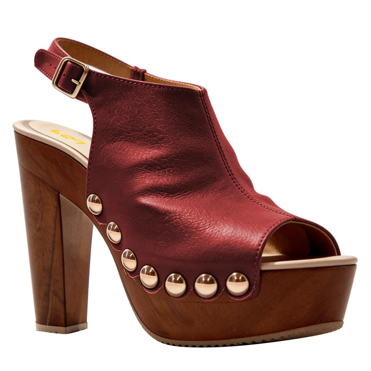 FSJ Women Studded Platform Heels Slingback Sandals Wooden Block Heel ...