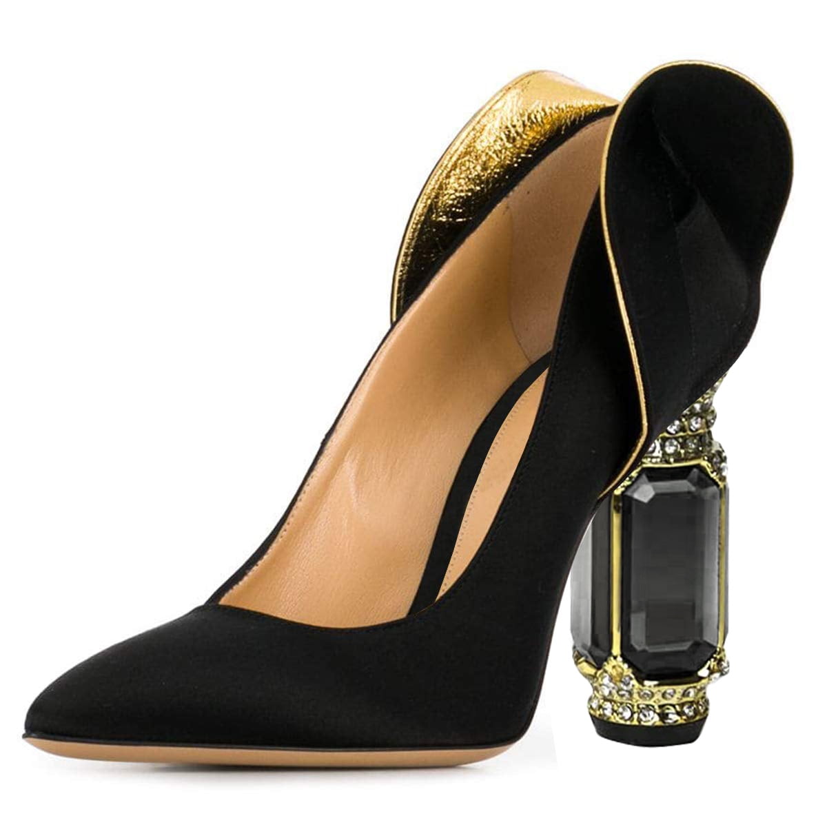 FSJ Women Stylish Pointed Closed Toe Pumps Crystal Chunky Block High ...