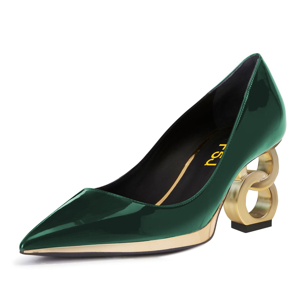 FSJ Women Unique Gold Chain Chunky High Heel Pumps Pointed Closed Toe ...