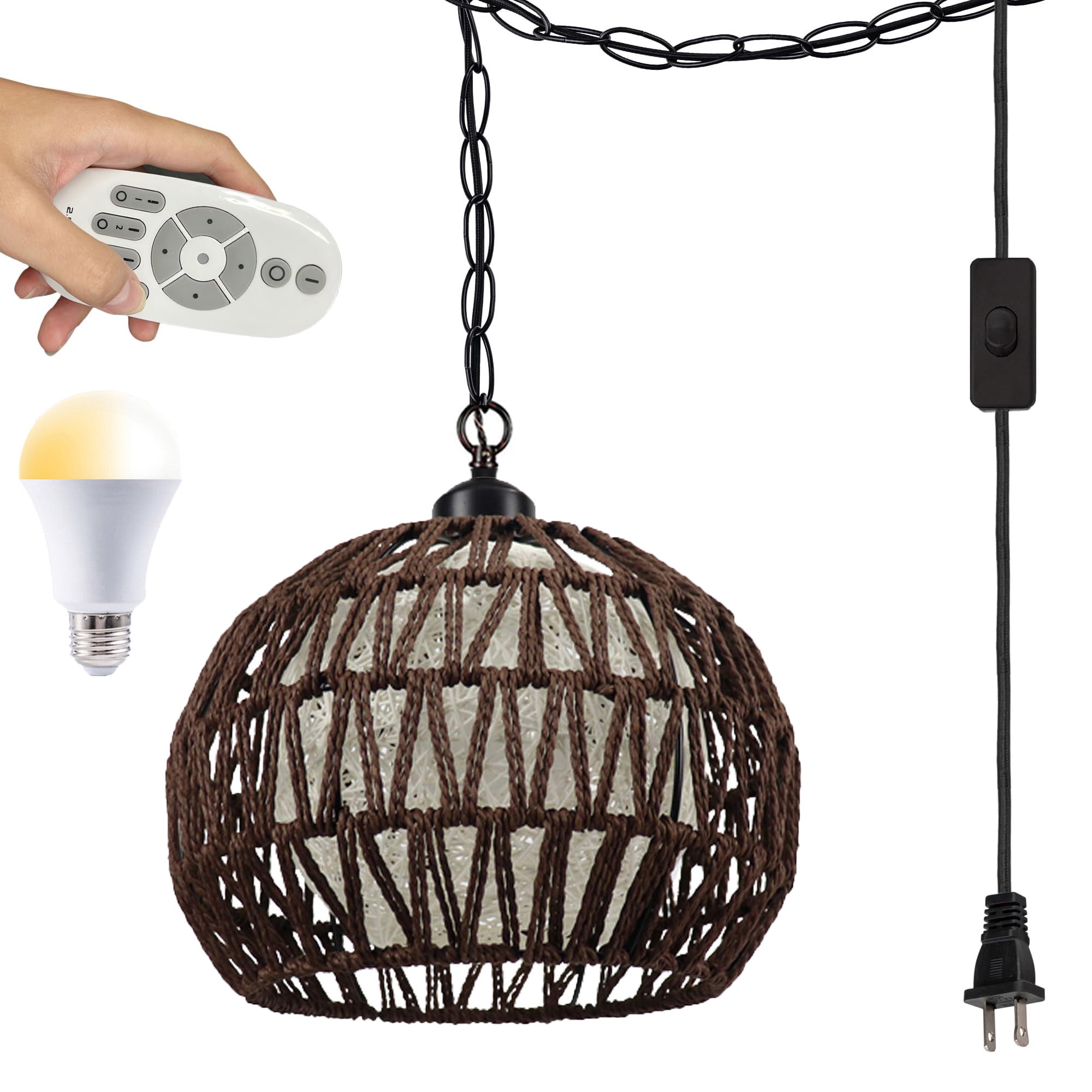 FSLiving 10.24" Hanging Swag Ceiling Lamp Twine Natural Rattan ...