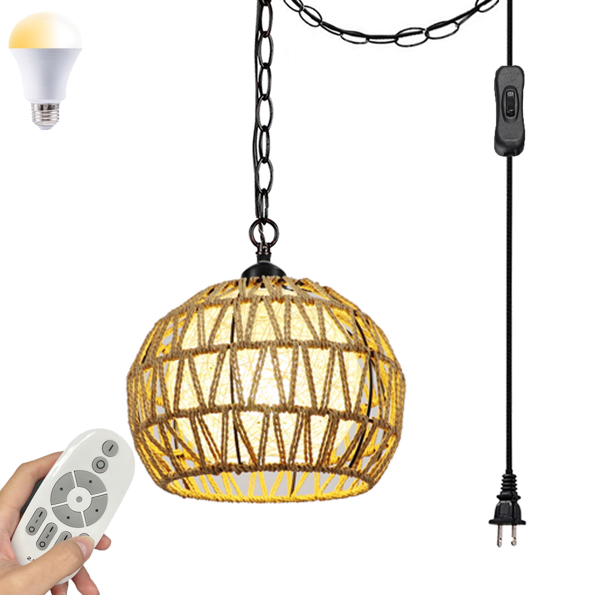 FSLiving 10.24" Hanging Swag Ceiling Lamp Twine Natural Rattan ...