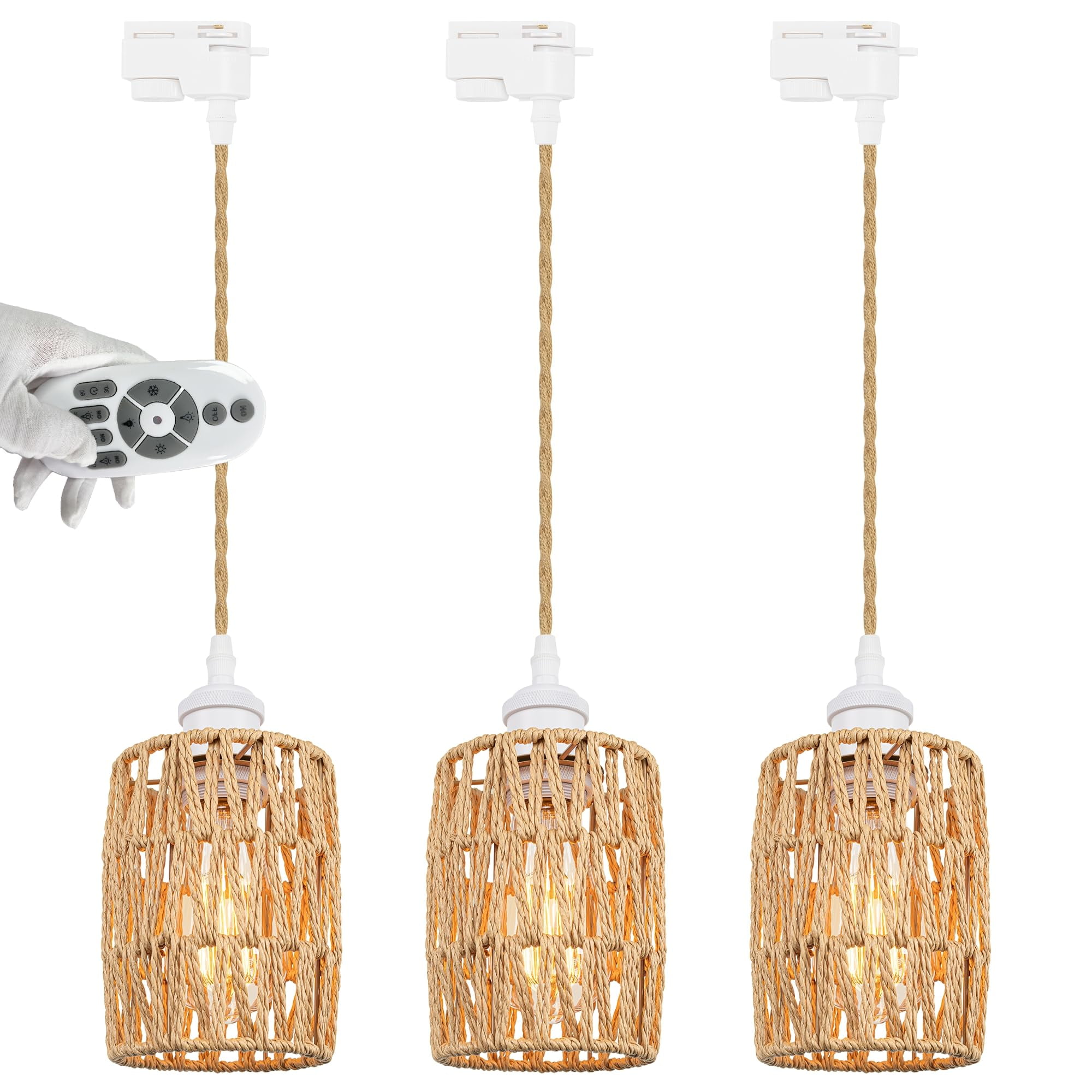 FSLiving 2-Wire Track Lighting Pendants Twine Natural Rattan Shade ...