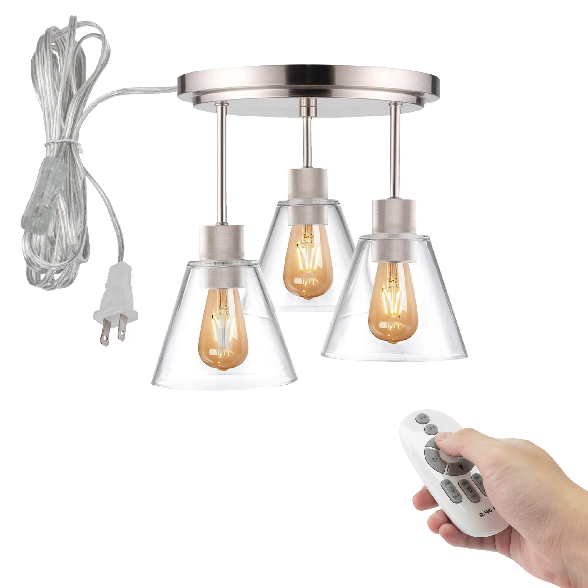 FSLiving 3-Head Glass Hanging Light with 15ft Plug-in Cord Black ...