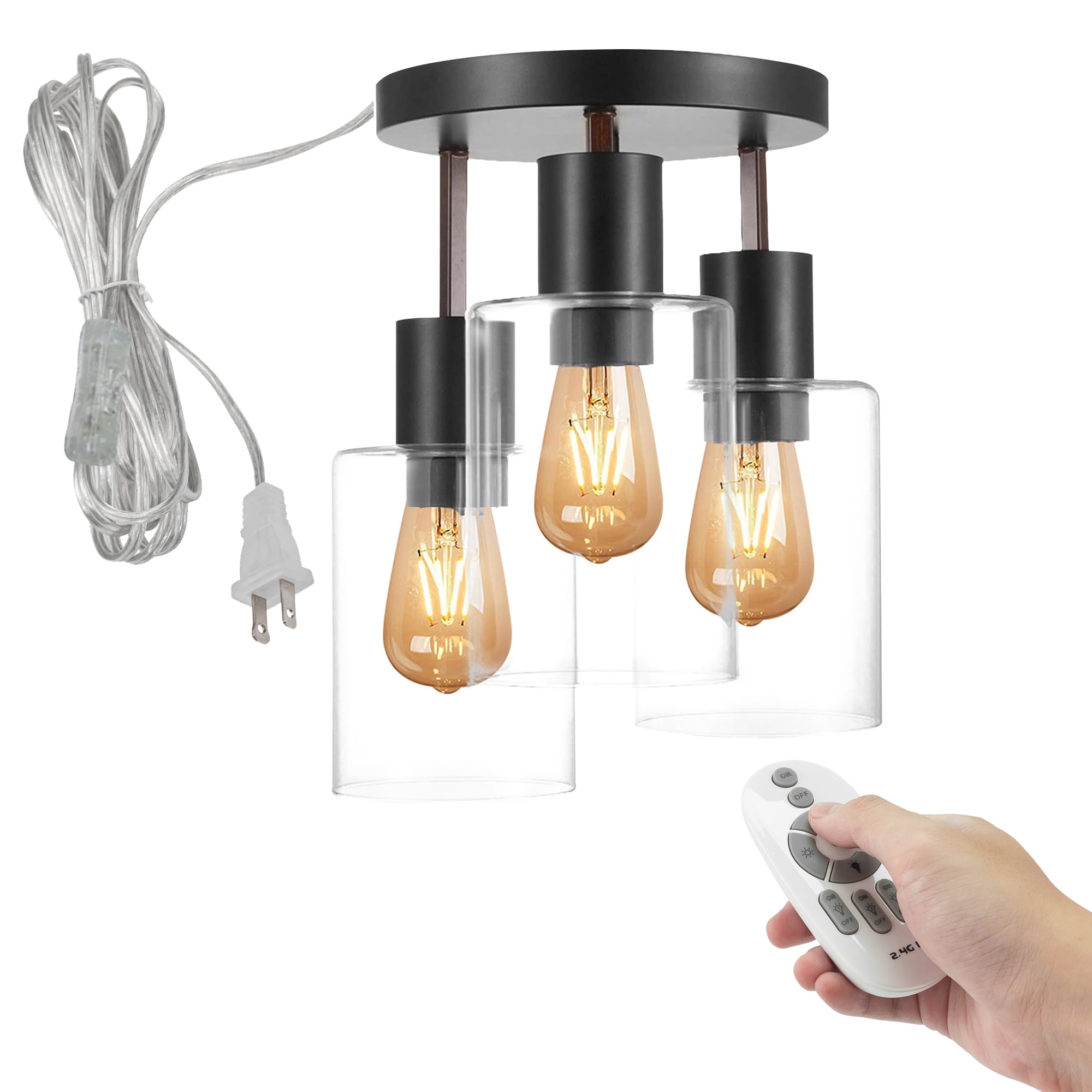 FSLiving 3-Head Glass Hanging Light with 15ft Plug-in Cord Silver ...