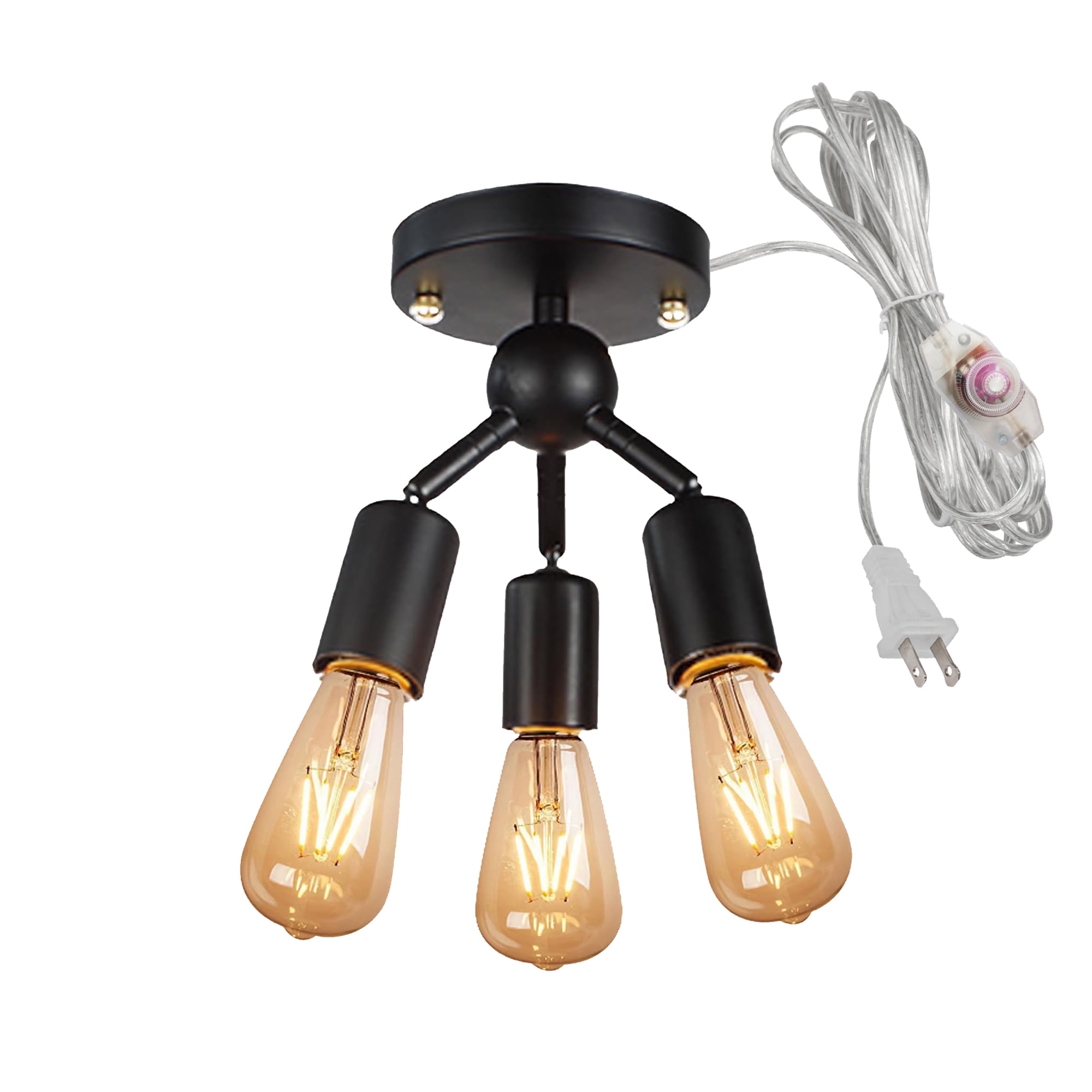 FSLiving 3-Head Hanging Light with 15ft Plug-in Cord Black Decorative ...