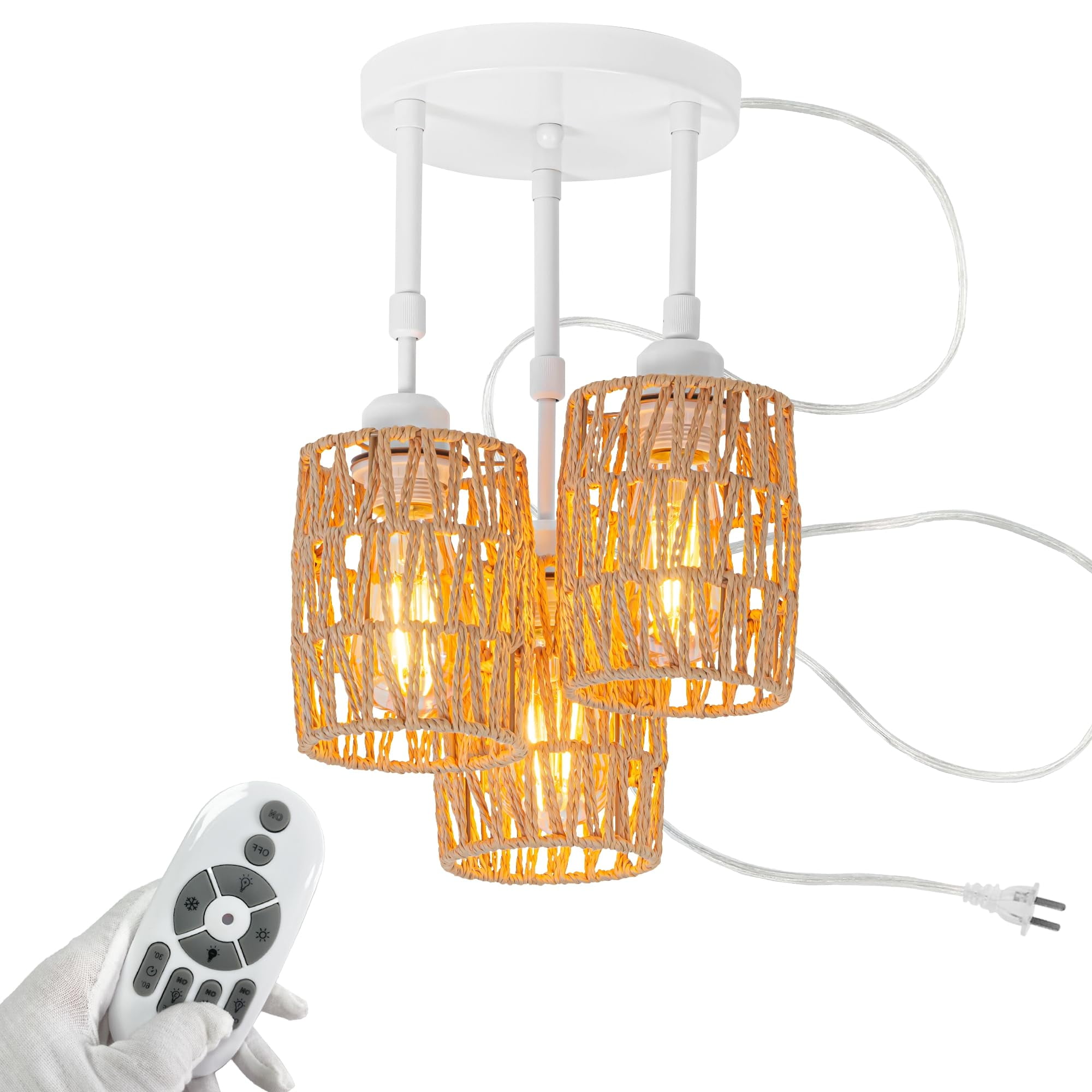 FSLiving 3-Lights Adjustable Height Telescoping Rod 15ft Plug-in Cord ...