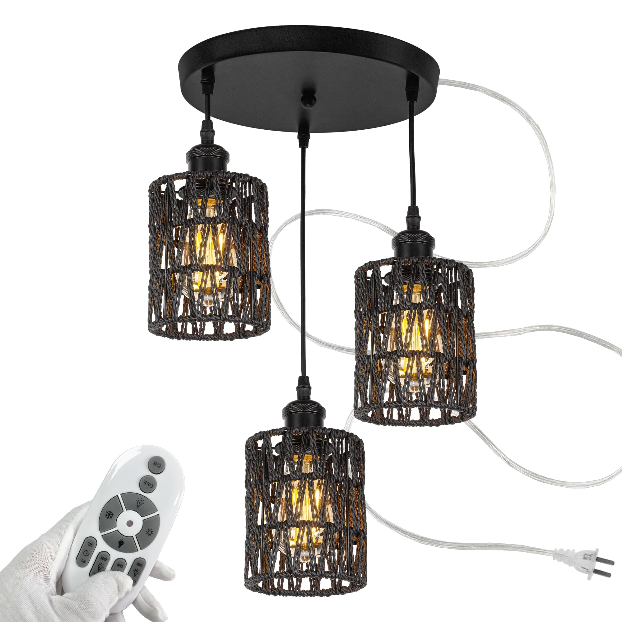 FSLiving 3-Lights Black Adjustable Pendant Light 15ft Plug-in UL Cord by Remote, Smart Edison ...