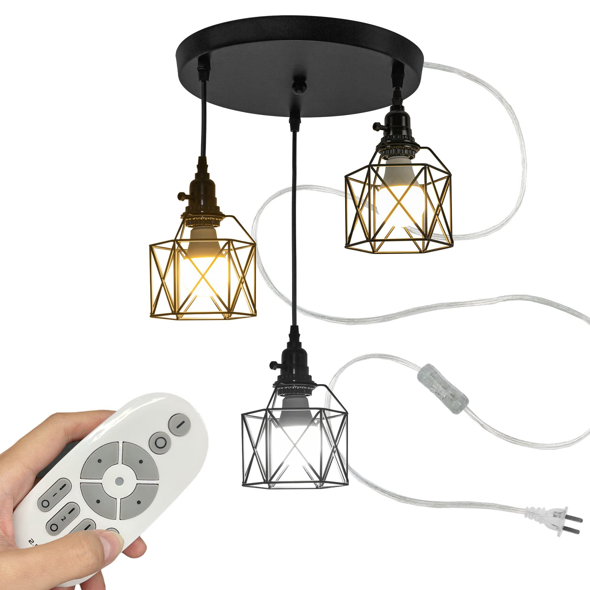 FSLiving 3-Lights Swag Pendant Light with 15ft Plug-in Switch Cord Phenolic Socket Remote ...