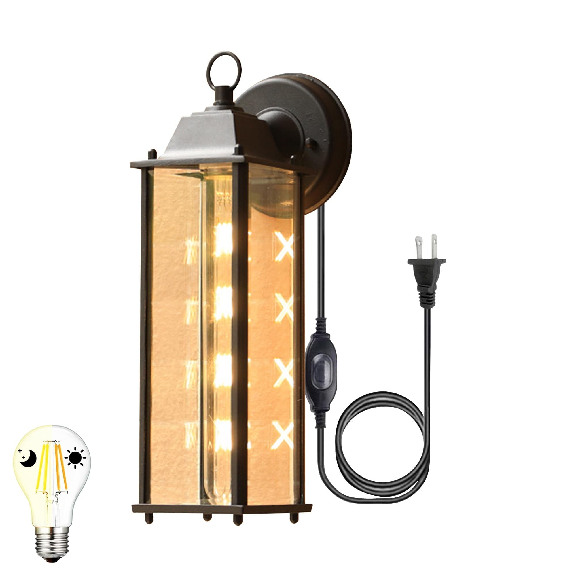 FSLiving AUTO Plug-in Wall Sconces Outdoor Photocell, Clear Glass Black ...