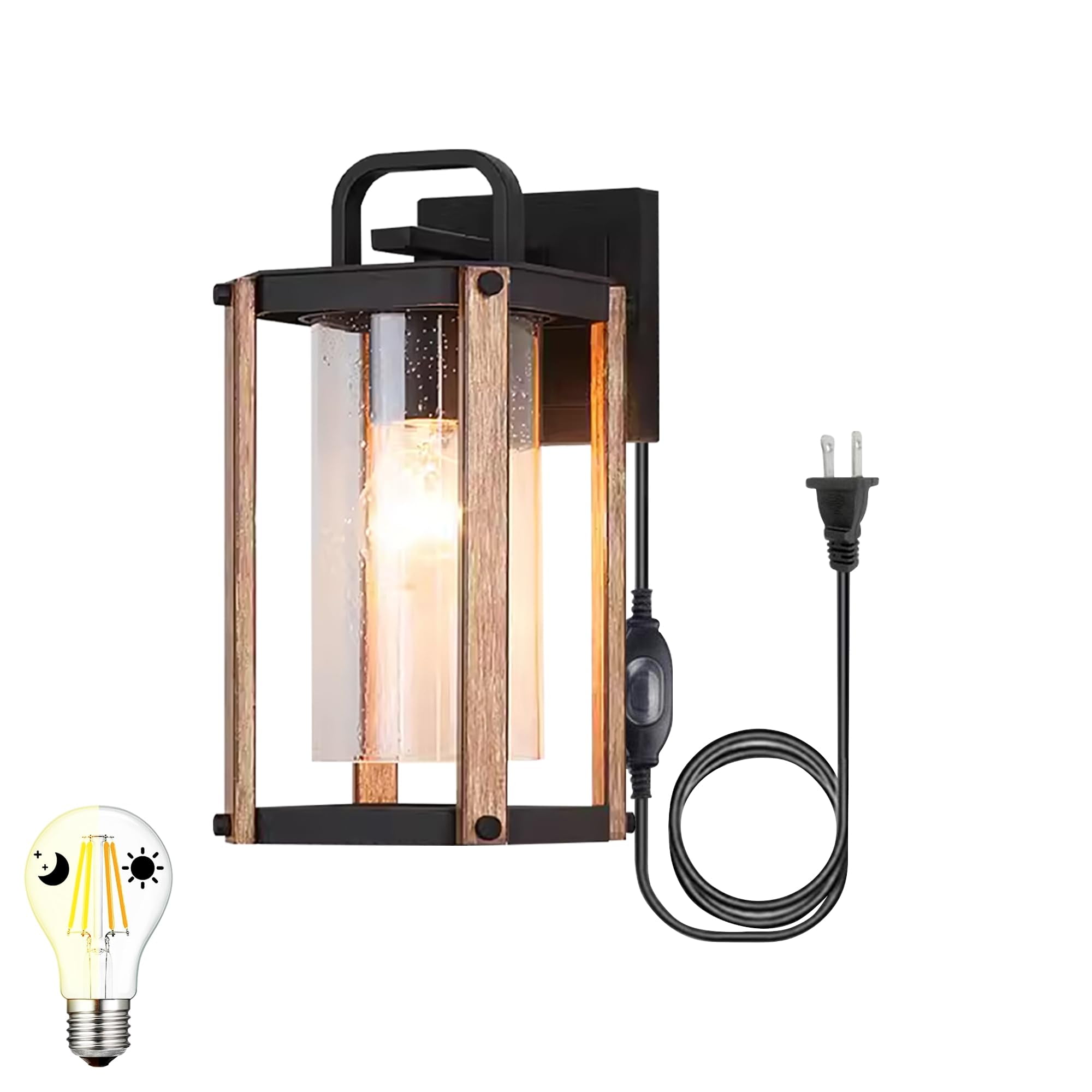 FSLiving AUTO Plug-in Wall Sconces Outdoor Photocell, Seeded Glass ...