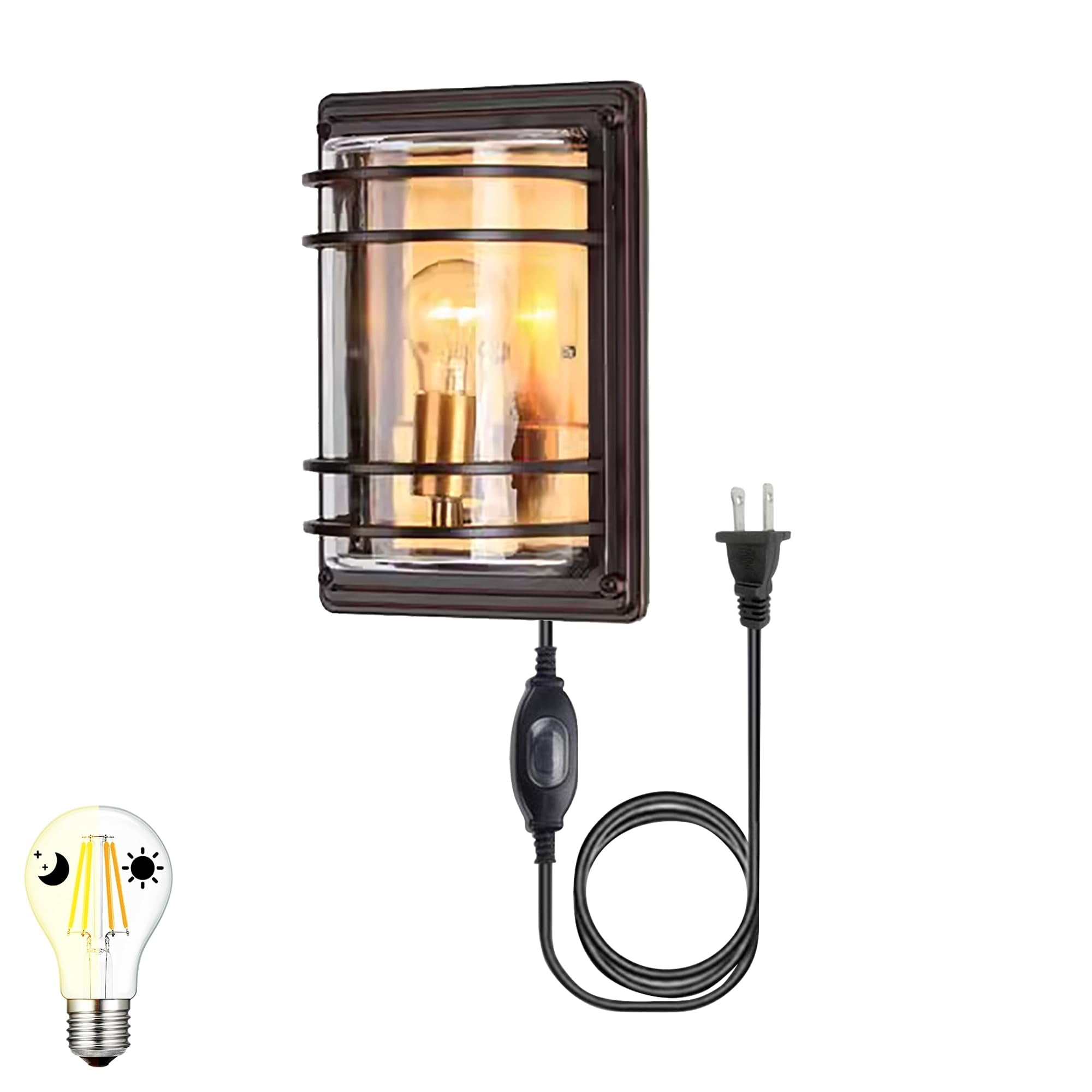 FSLiving AUTO Plug-in Wall Sconces Outdoor Photocell, Semicircle Glass ...