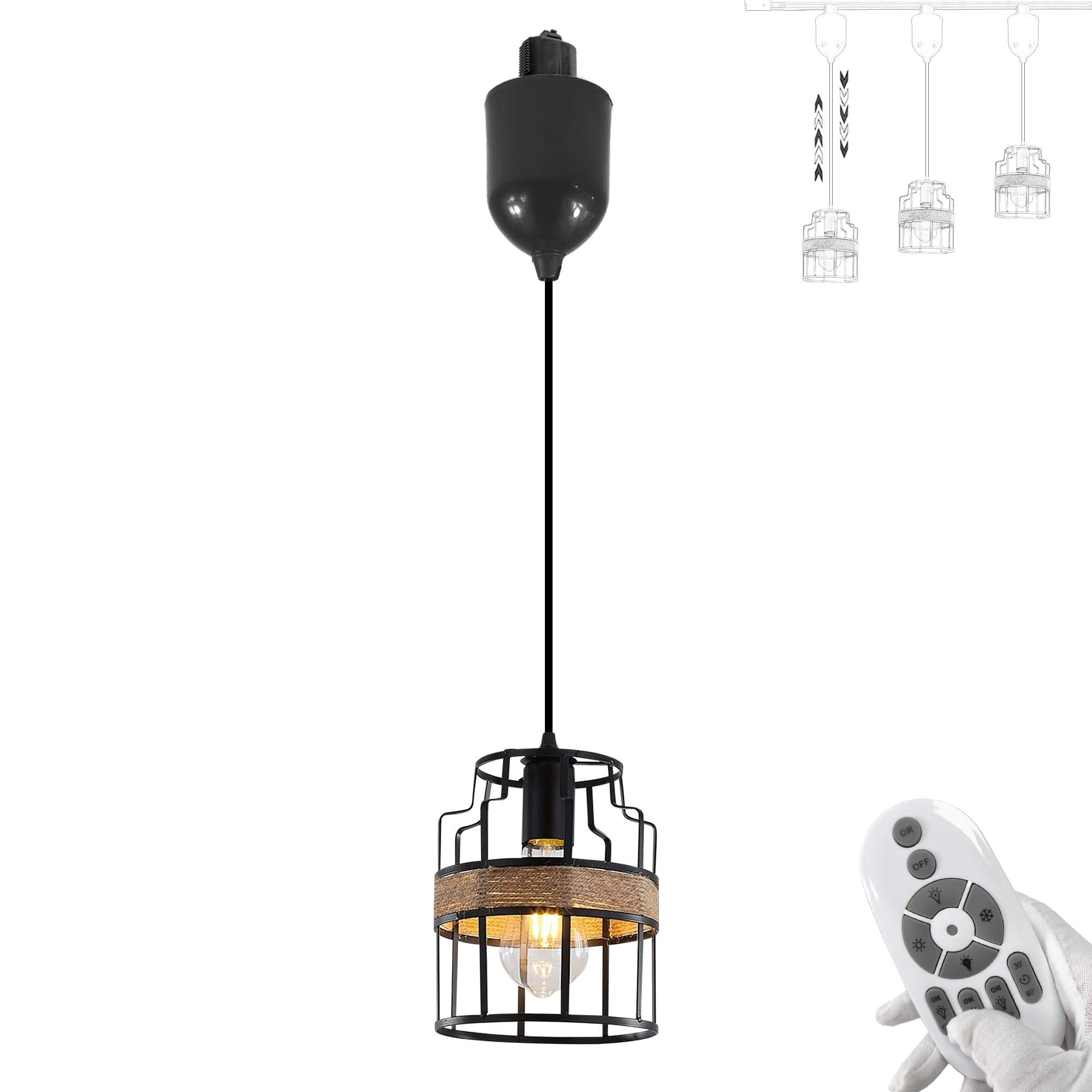 FSLiving Adjustable Height J Type Track Light BOHO Natural Hemp Rope ...